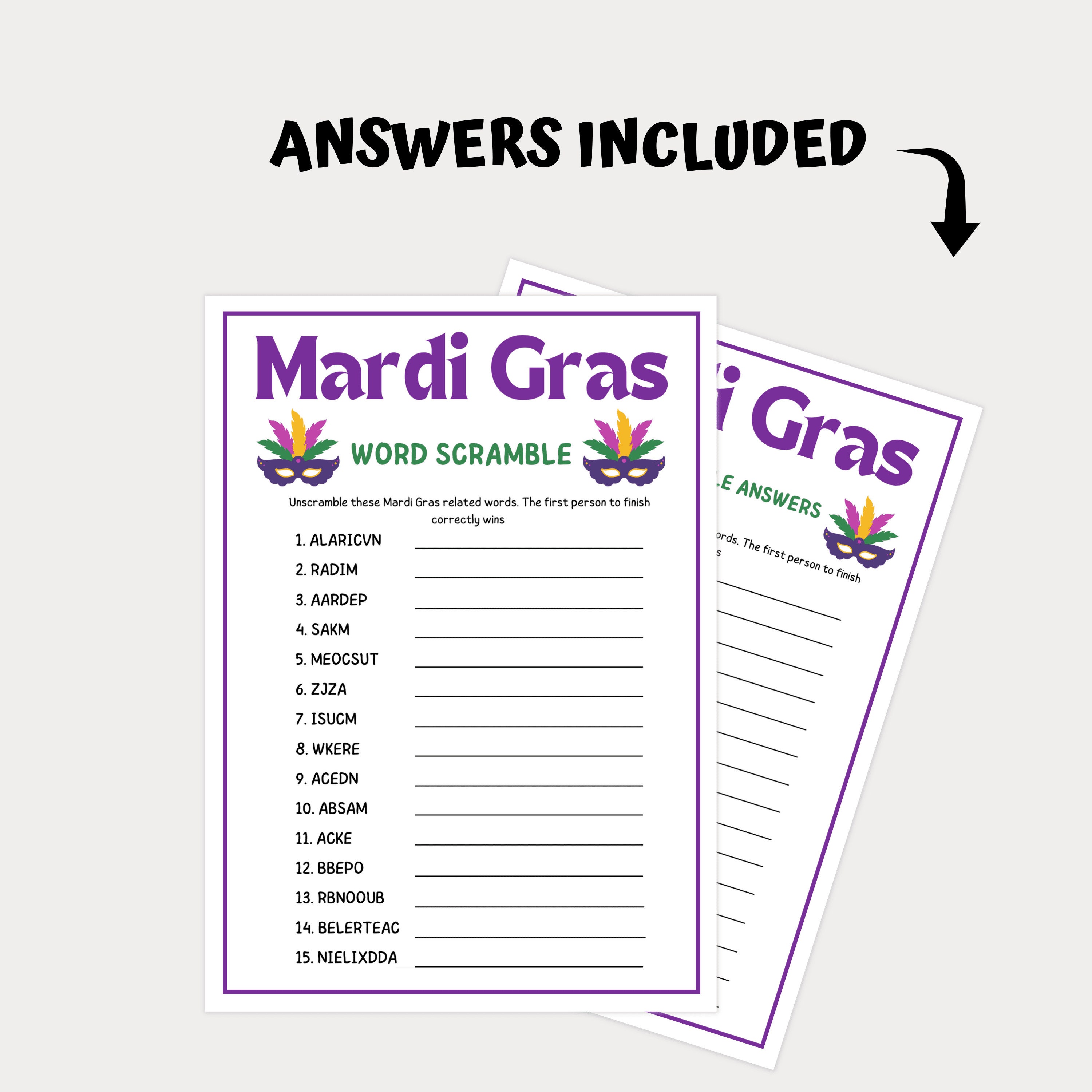 Mardi Gras Word Scramble Mardi Gras Games Printable Mardi Gras Party ...