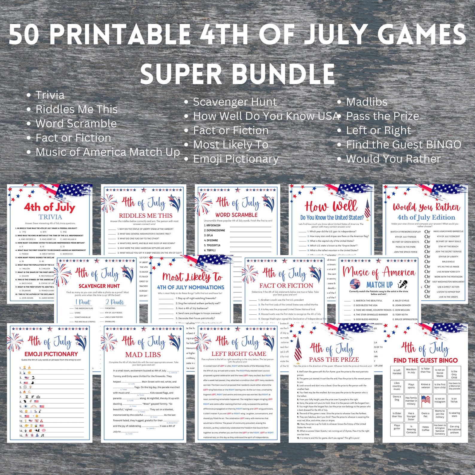 4th of July Games Bundle, 50 Game SUPER Bundle, Fourth of July Party ...