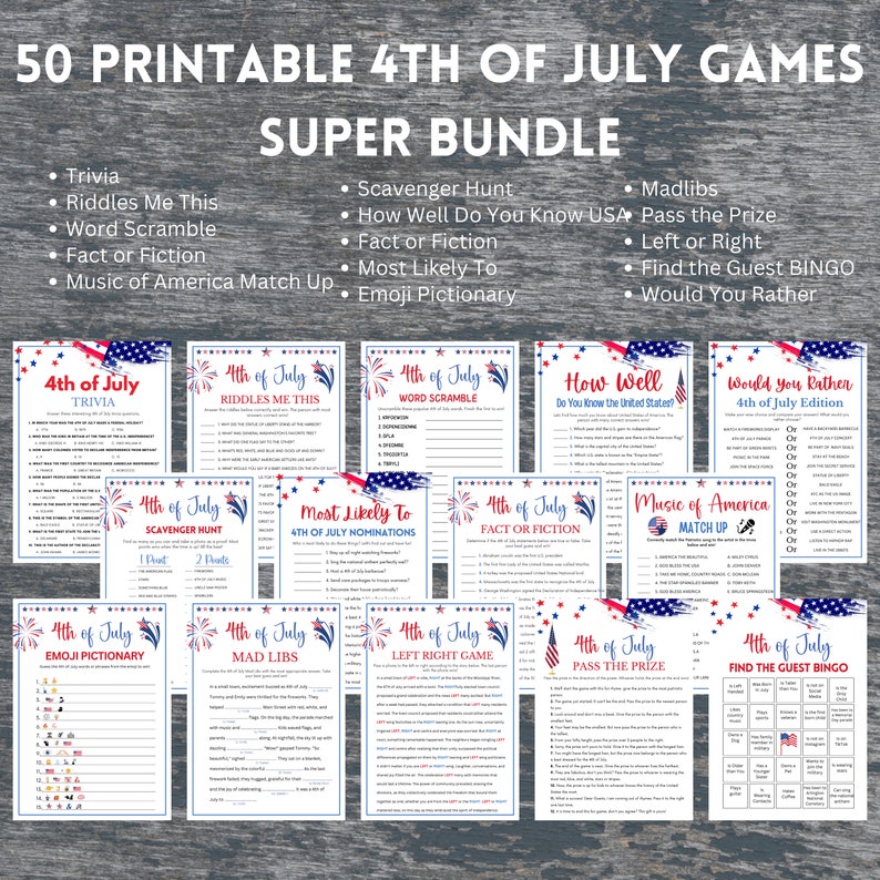 4th of July Games Bundle, 50 Game SUPER Bundle, Fourth of July Party ...