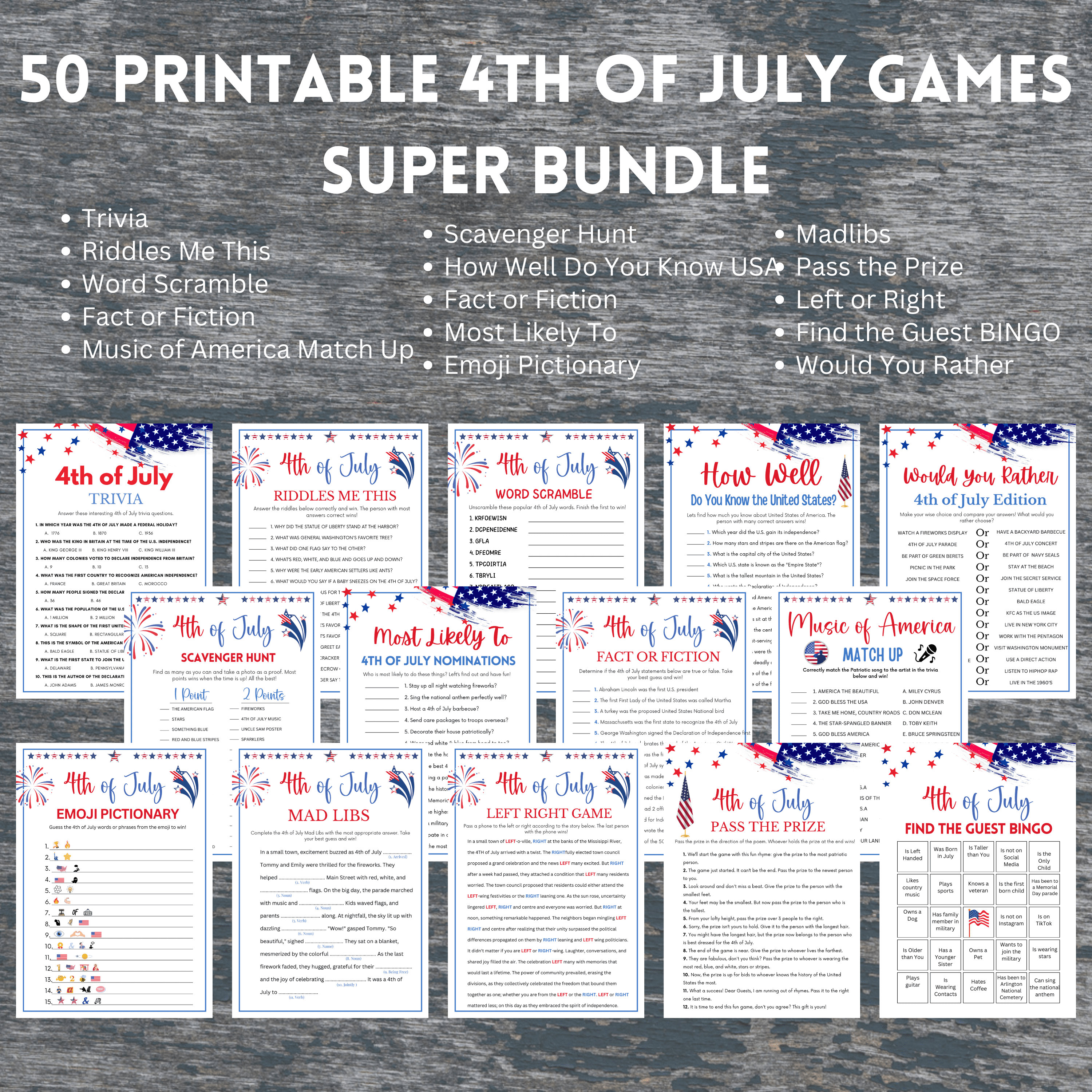 4th of July Games Bundle, 50 Game SUPER Bundle, Fourth of July Party ...