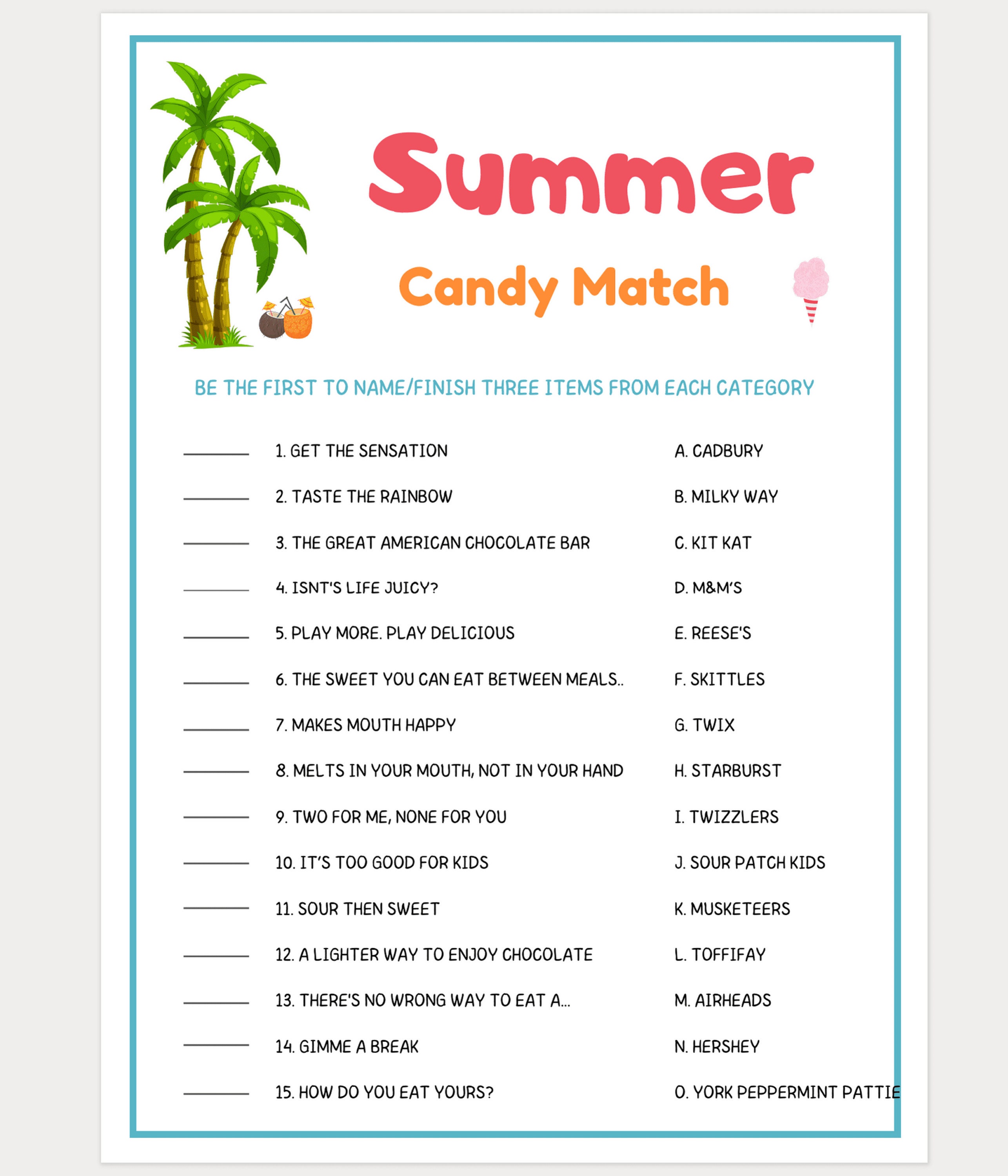 Summer Candy Match Summer Games Summer Party Games Summer - Etsy UK
