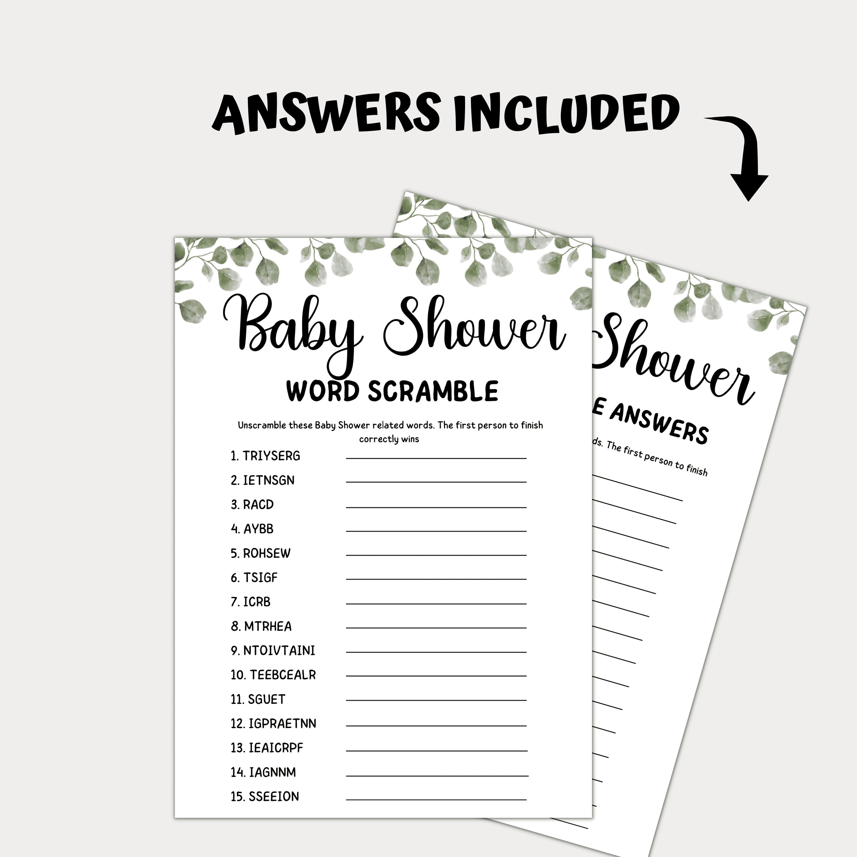 Baby Shower Games, Word Scramble, Baby Shower Party Games, Greenery ...