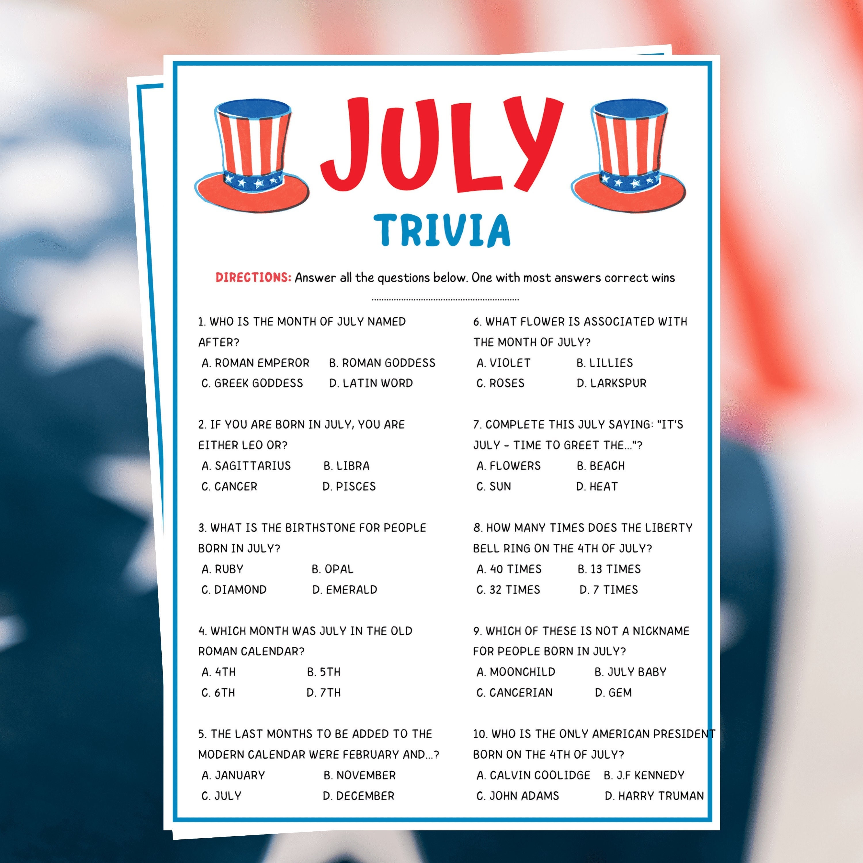 July Trivia, Trivia Games for Kids and Adults, July Games, School Games ...