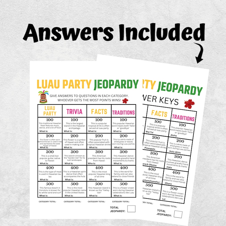 Luau Games, Luau Jeopardy, Luau Trivia, Luau Party Games, Aloha Party Games, Tropical Party ...