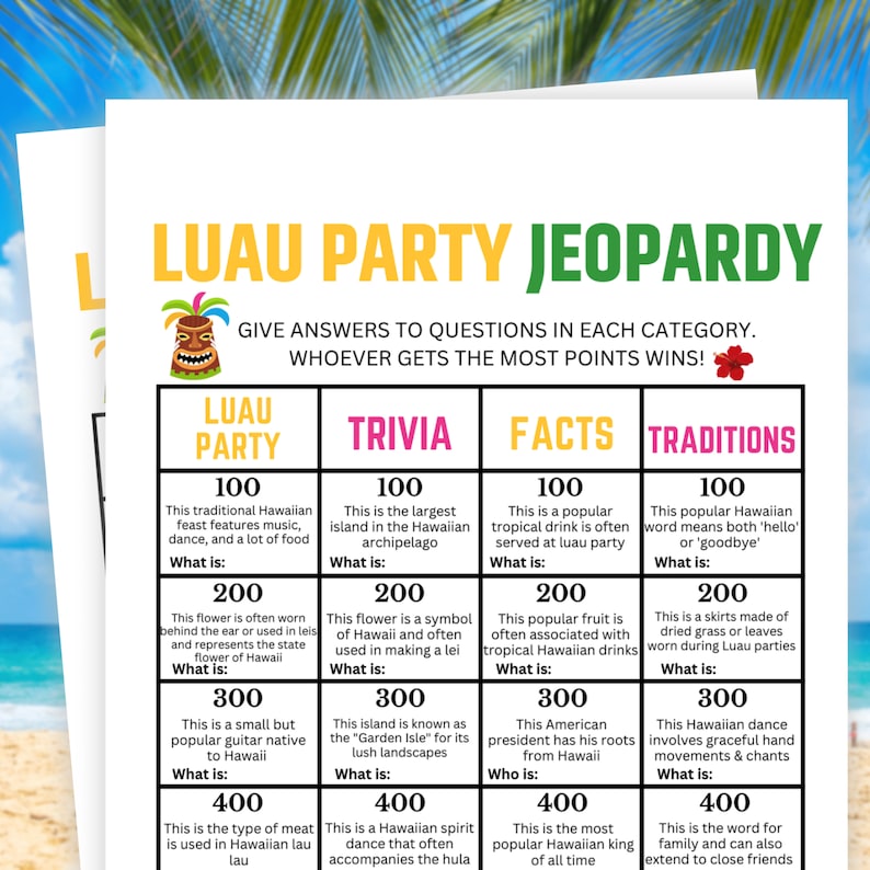 Luau Trivia, Luau Jeopardy, Luau Party Games, Aloha Party Games ... Luau Trivia, Luau Jeopardy, Luau Party Games, Aloha Party Games ...