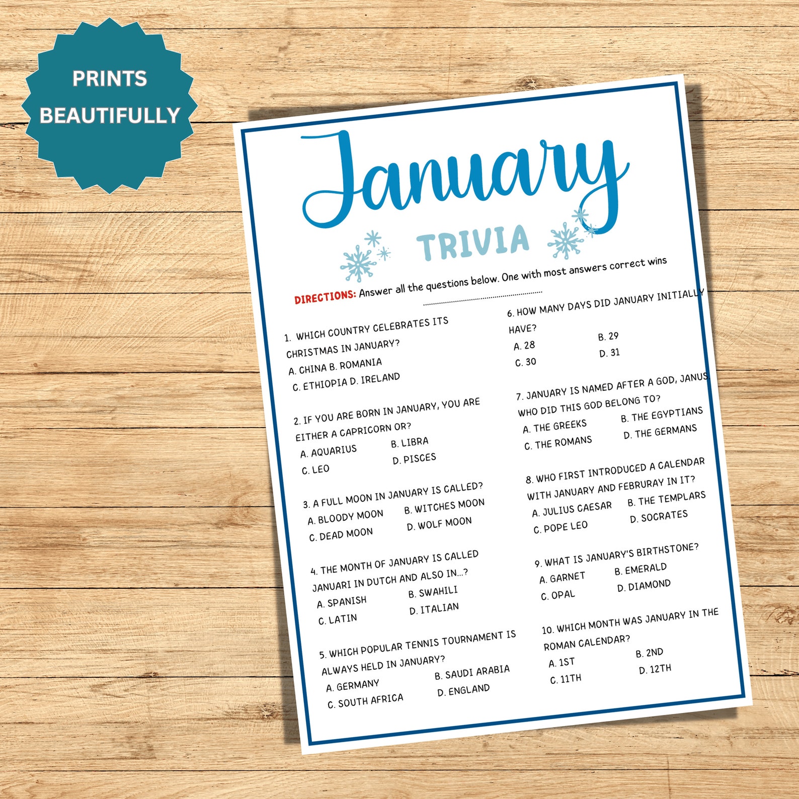 January Trivia Game, Trivia Games for Kids and Adults, Printable ...