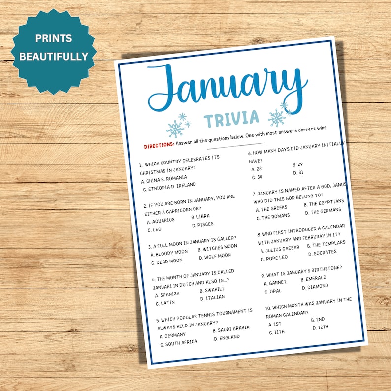 January Trivia Game, Trivia Games for Kids and Adults, Printable ...