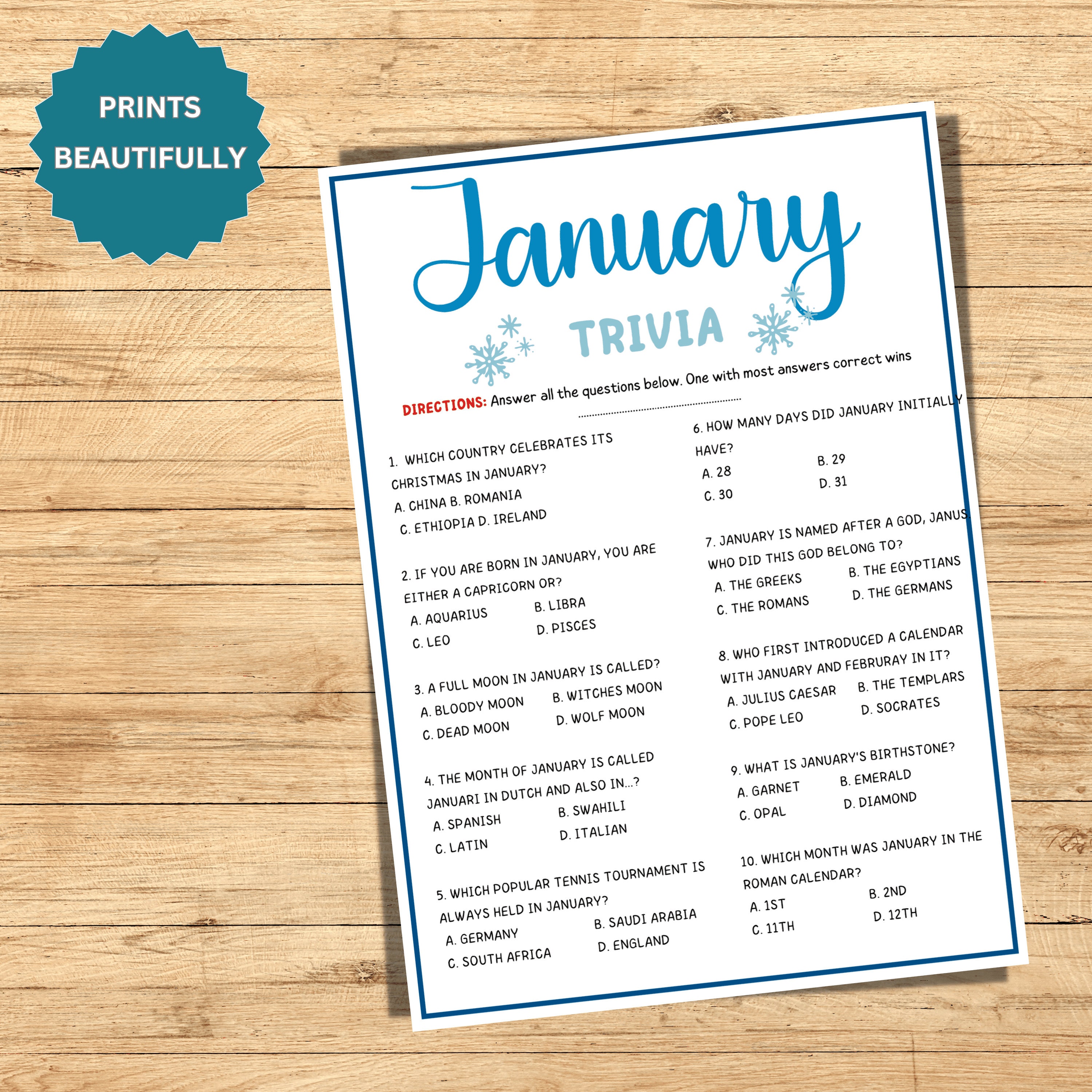 January Trivia Game, Trivia Games for Kids and Adults, Printable ...
