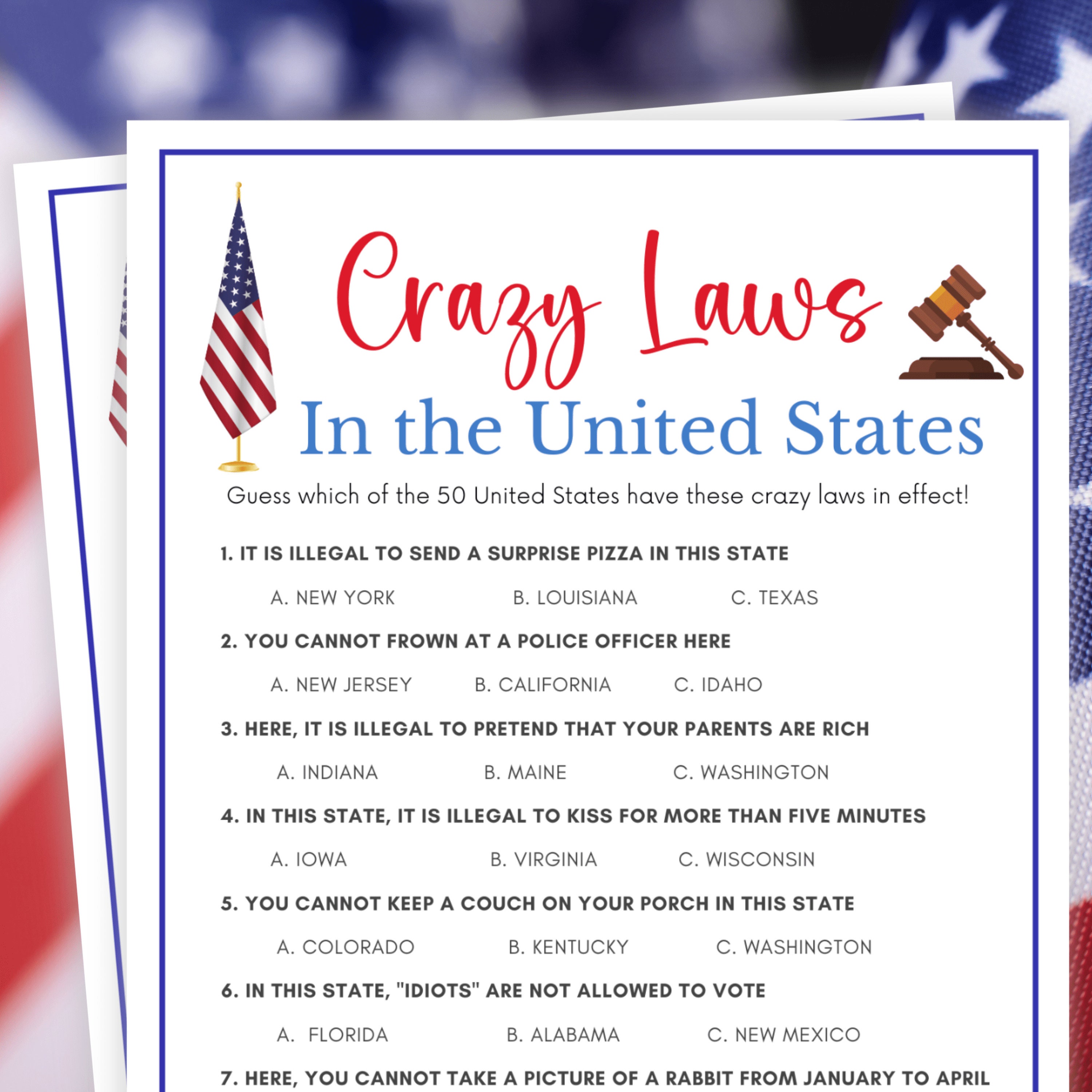 Crazy Laws in the United States Trivia, Memorial Day Game, 4th of July ...