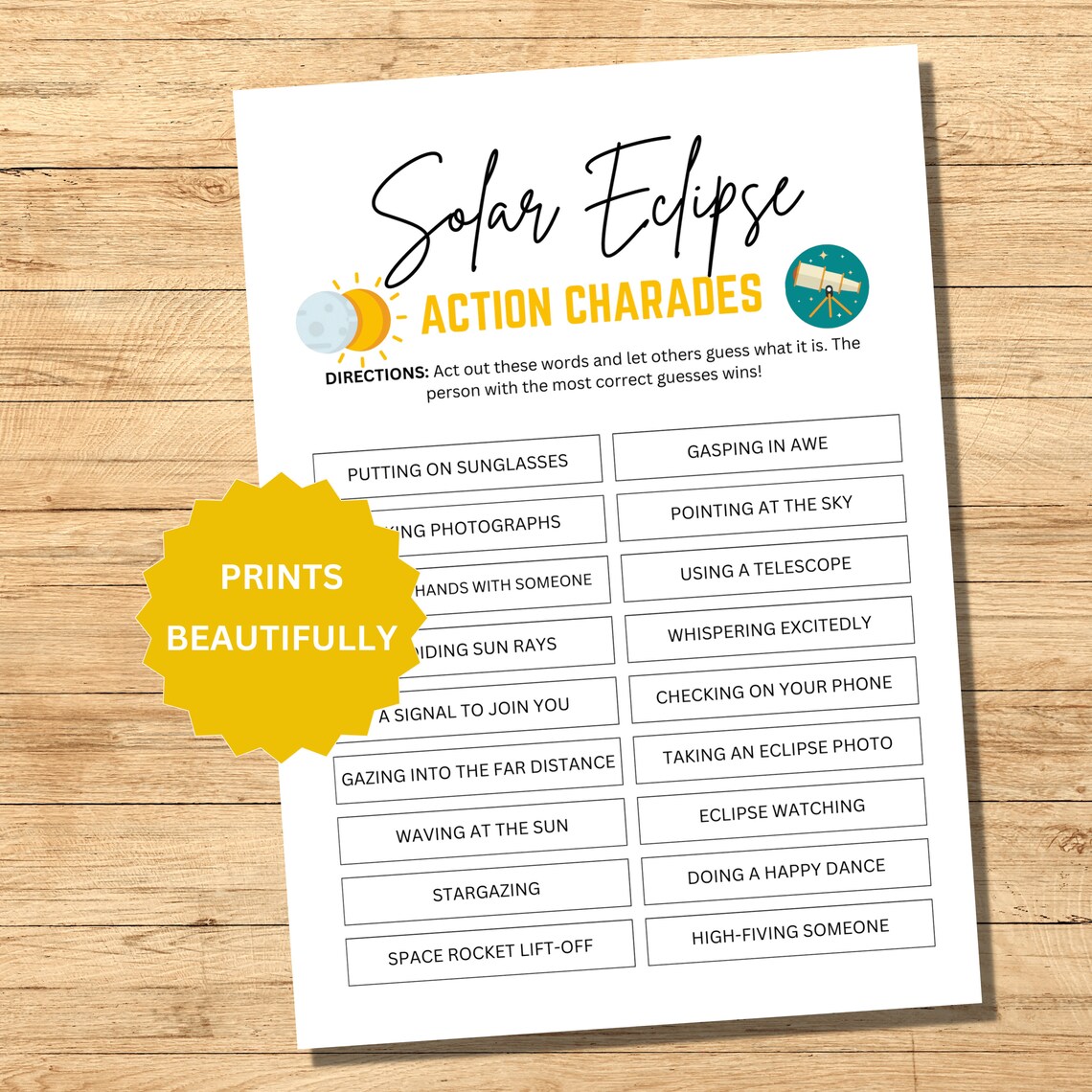 Solar Eclipse Action Charades, Eclipse Games for Kids and Adults, Solar ...