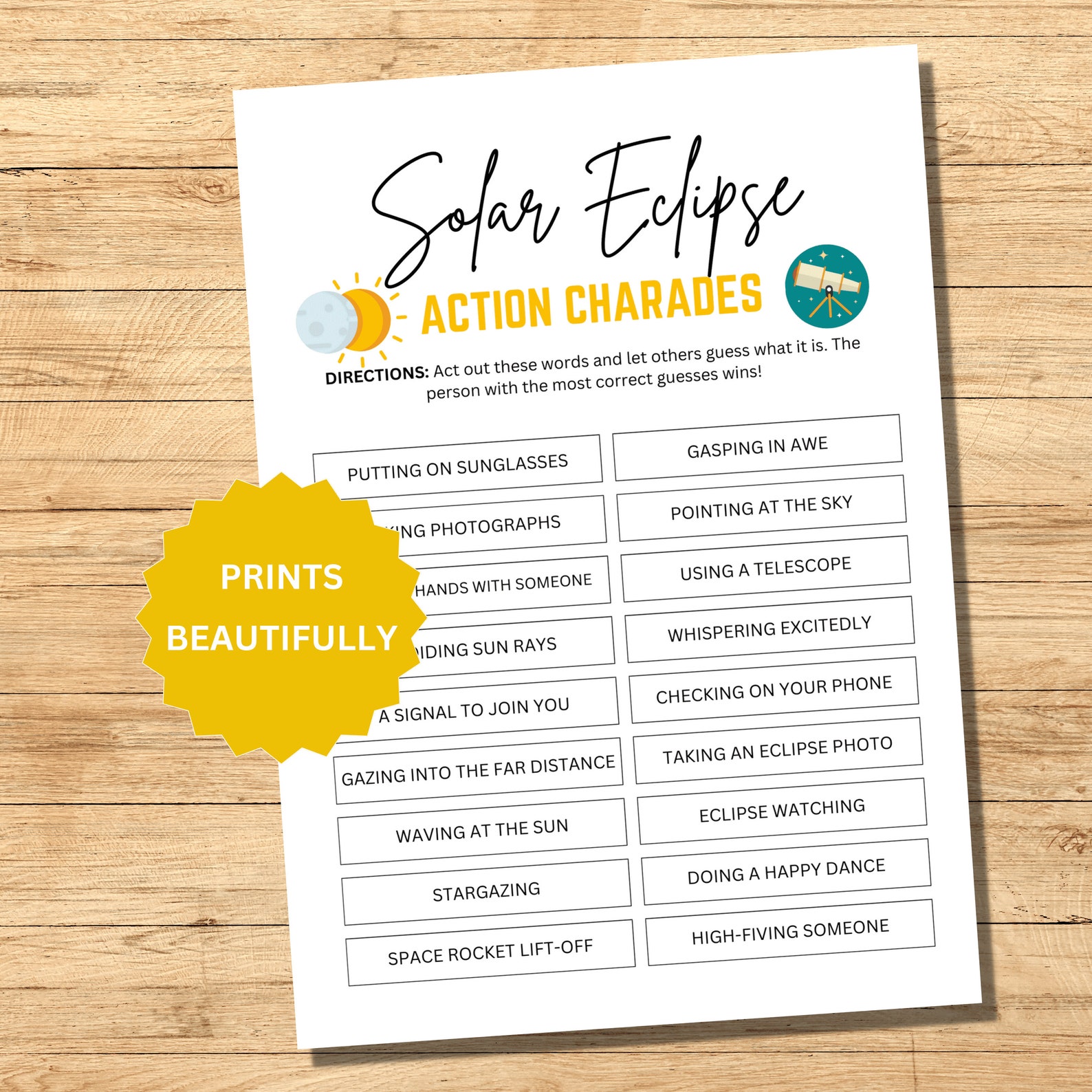 Solar Eclipse Action Charades, Eclipse Games for Kids and Adults, Solar ...