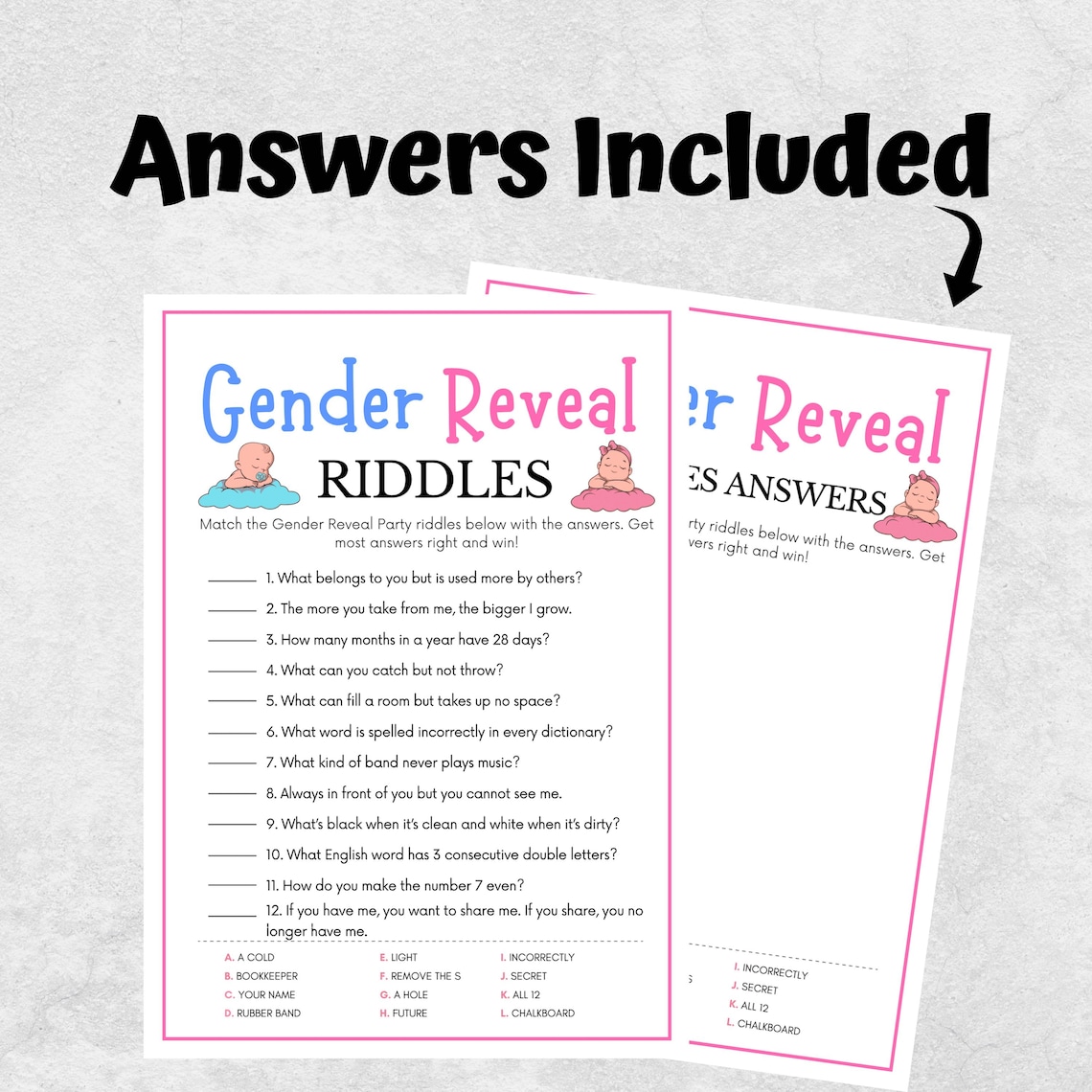 Gender Reveal Riddles, Gender Reveal Games, Blue or Pink Gender Reveal ...