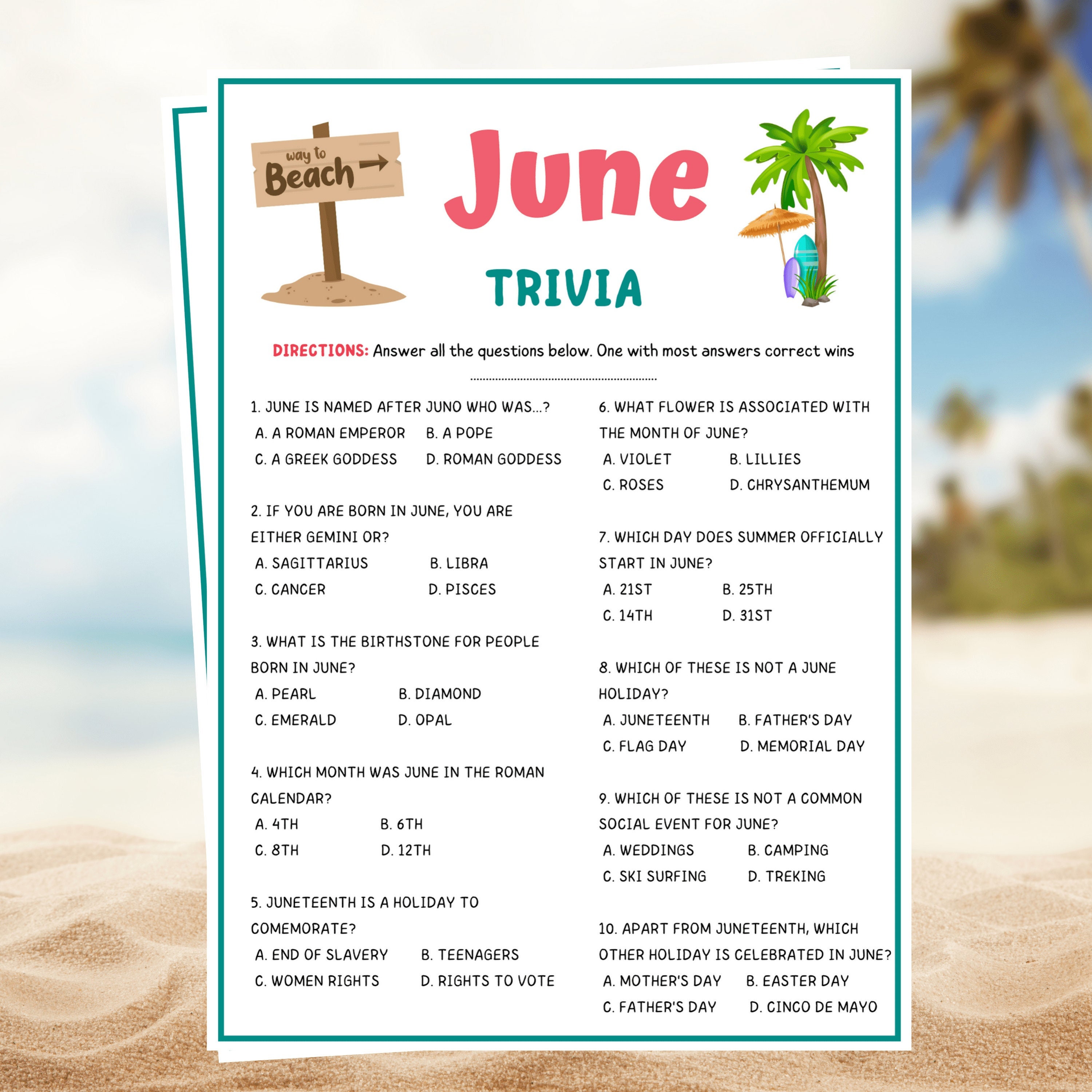 June Trivia, June Games, June Party Games, June Games for Kids, June ...