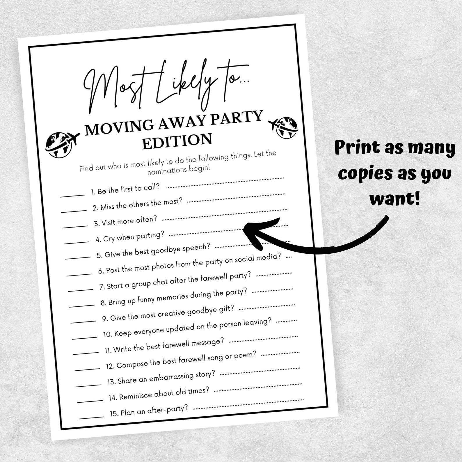 Going Away Party Games, Most Likely To, Going Away Games, Farewell ...