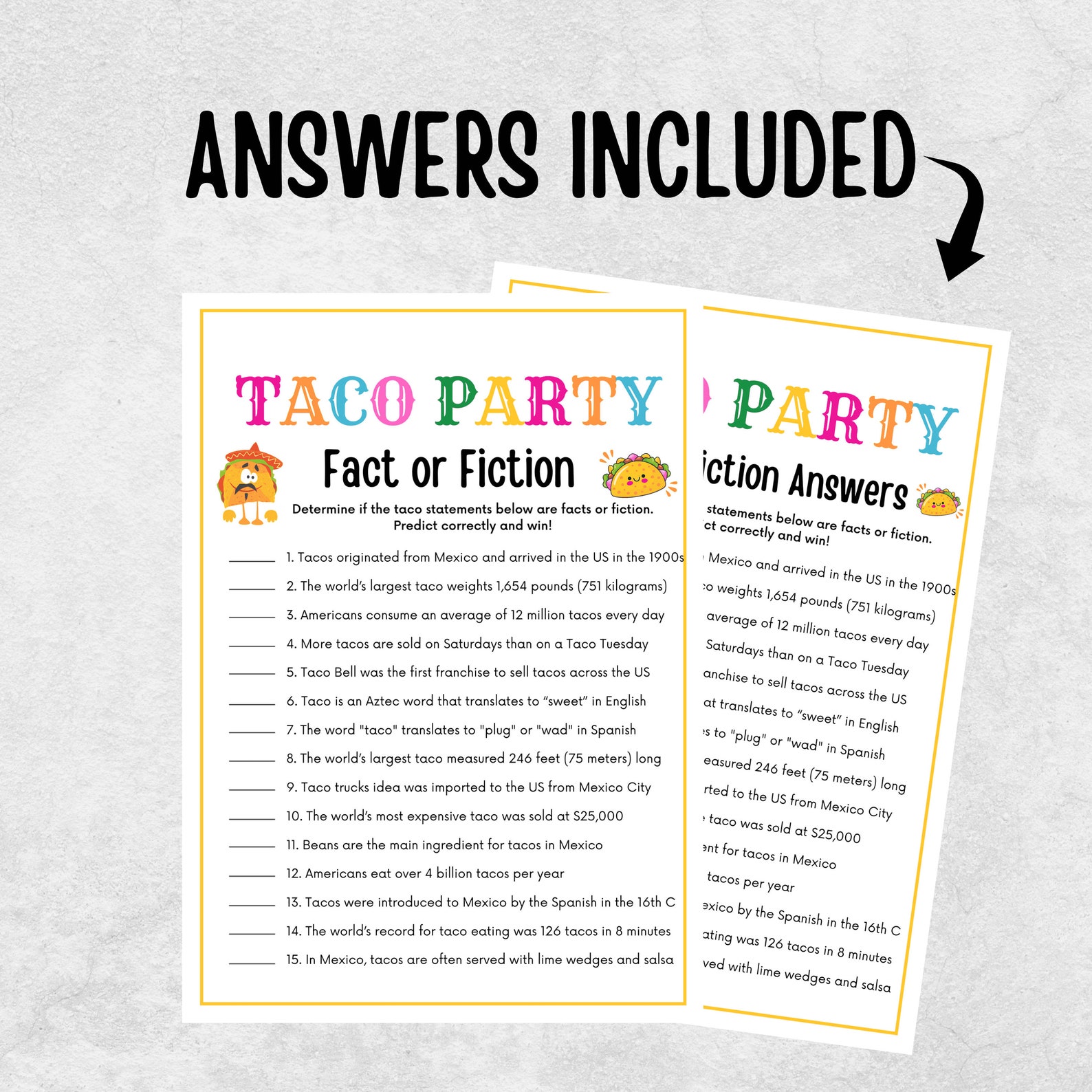 Taco Party Games, Fact or Fiction, Taco Trivia, Taco Tuesday Games ...