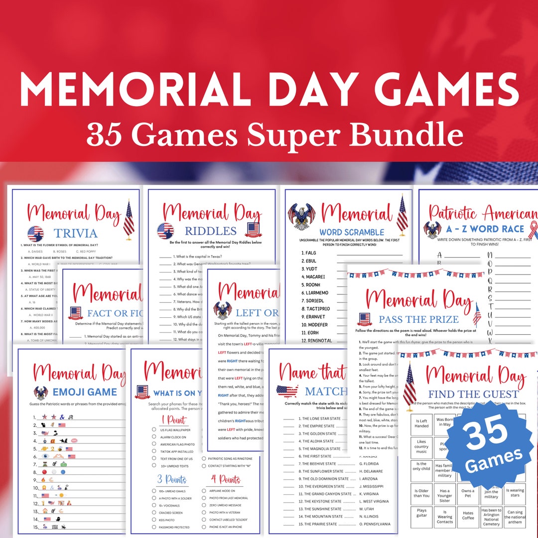 Memorial Day 35 Game SUPER Bundle, Memorial Day Party Game for Kids ...