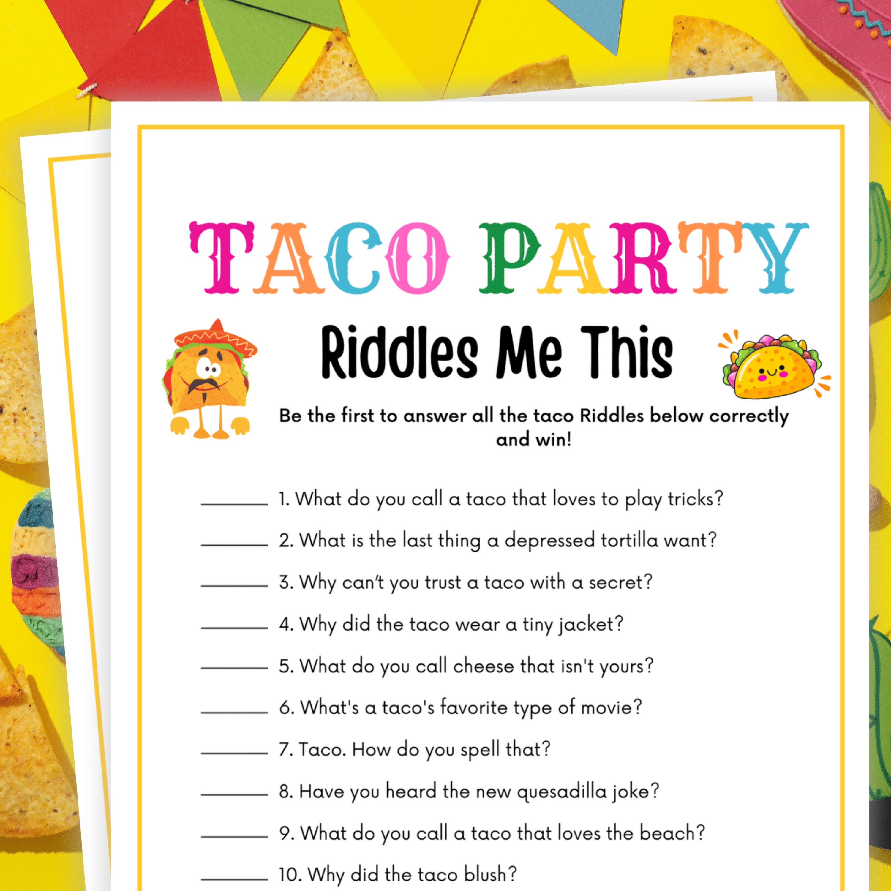 Taco Party Games, Taco Riddles, Taco Tuesday Games, Taco Themed Party ...