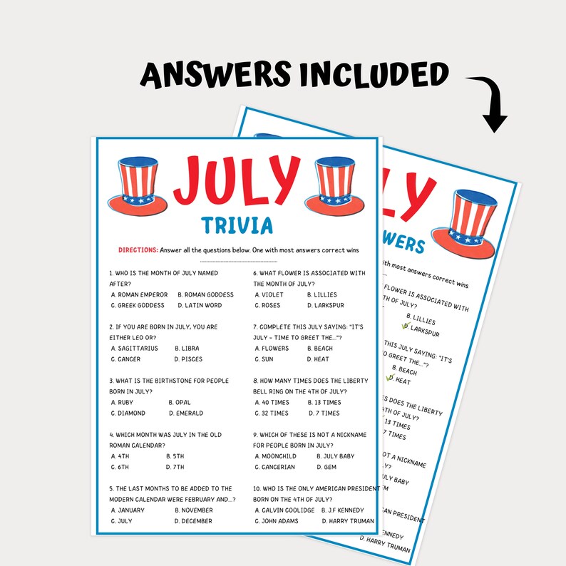July Trivia, Trivia Games for Kids and Adults, July Games, School Games ...