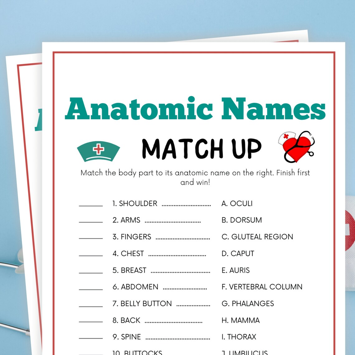Nurse Games, Anatomic Names Match Up, Nurse Party Games, Nurse ...
