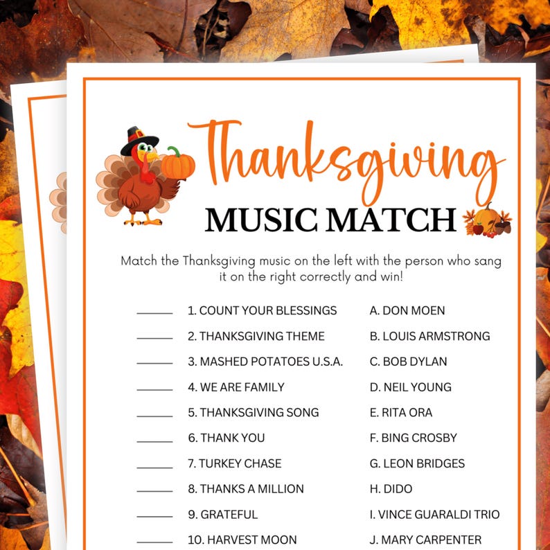 Thanksgiving Games, Music Match Up, Thanksgiving Party Games for Kids ...