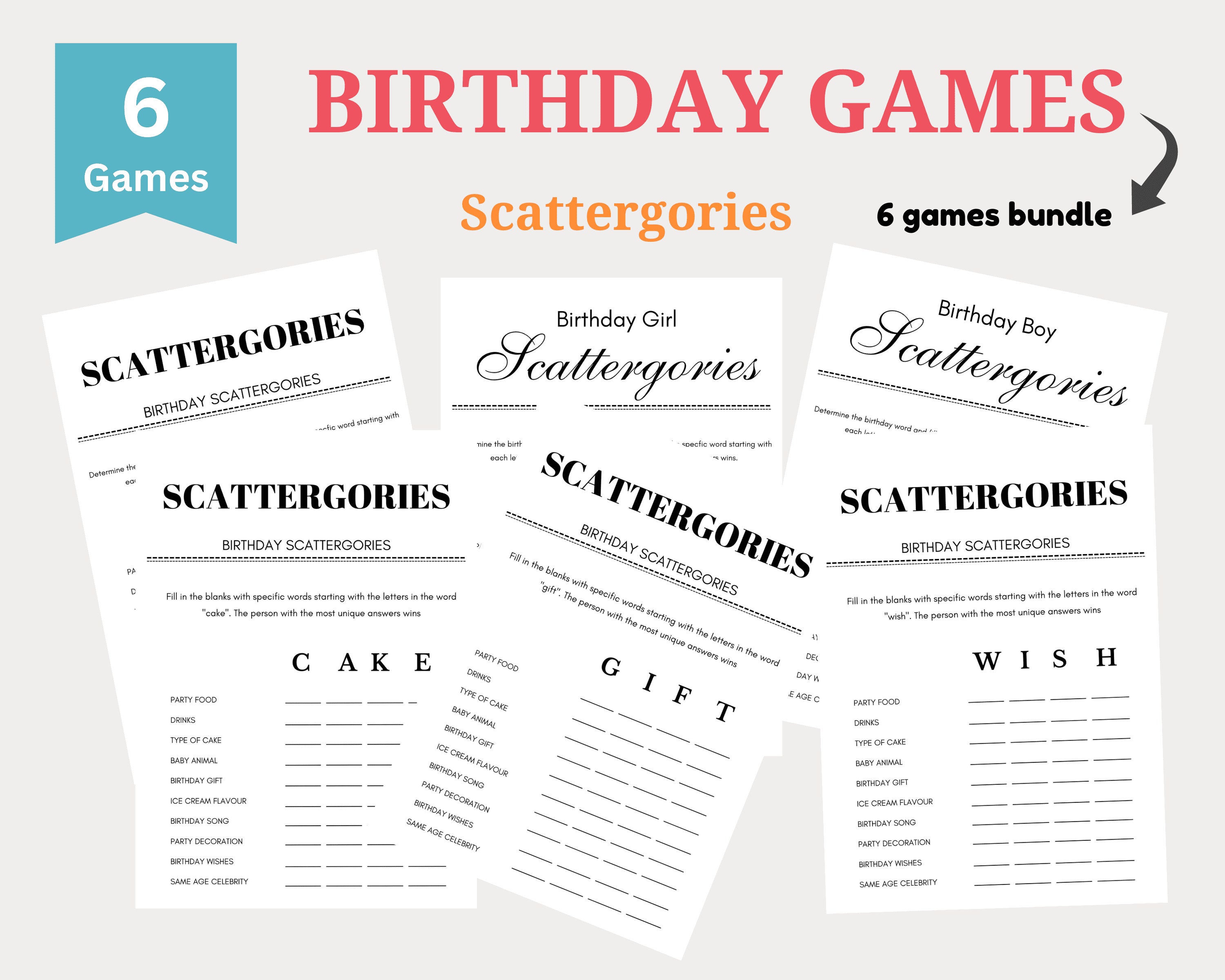 Birthday Scattergories, Birthday Games, Printable Birthday ...