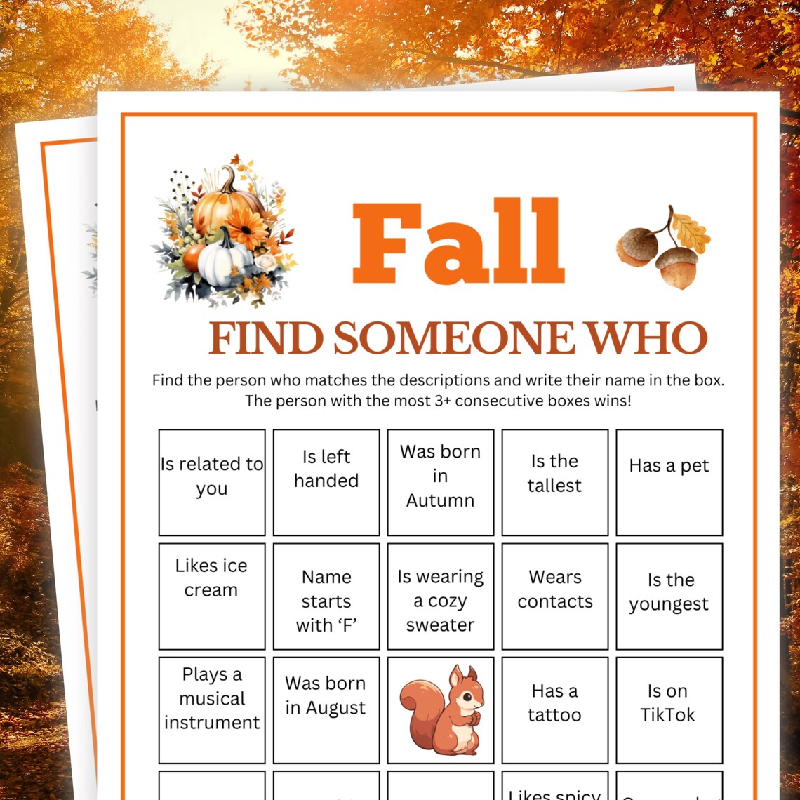 Fall Games, Find Someone Who BINGO, Fall Game for Kids & Adults, Autumn ...