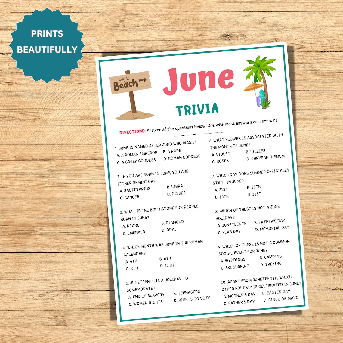 June Trivia Game, Trivia Games for Kids and Adults, June Games, Party ...