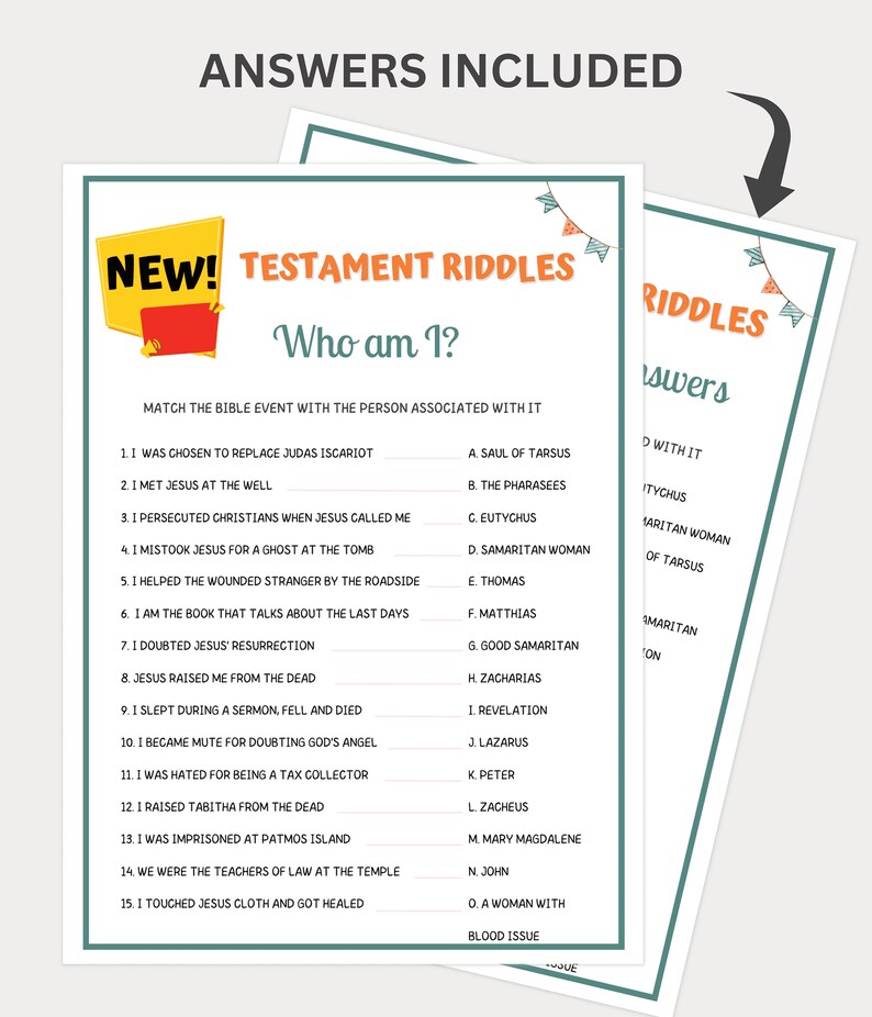 Bible Games, New Testament Who Am I Riddles for Kids, Printable Bible ...