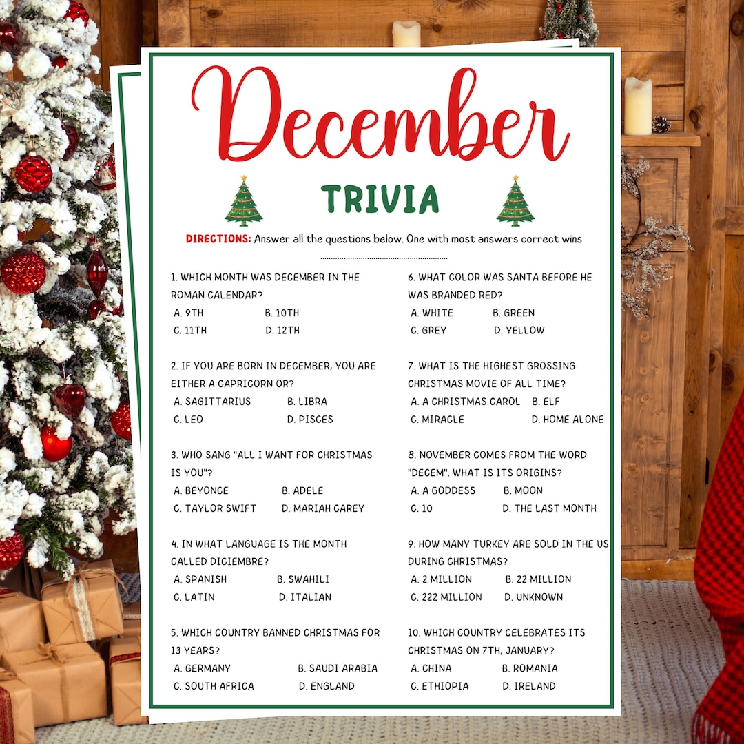 December Trivia Game, Trivia Game for Kids and Adults, Printable ...