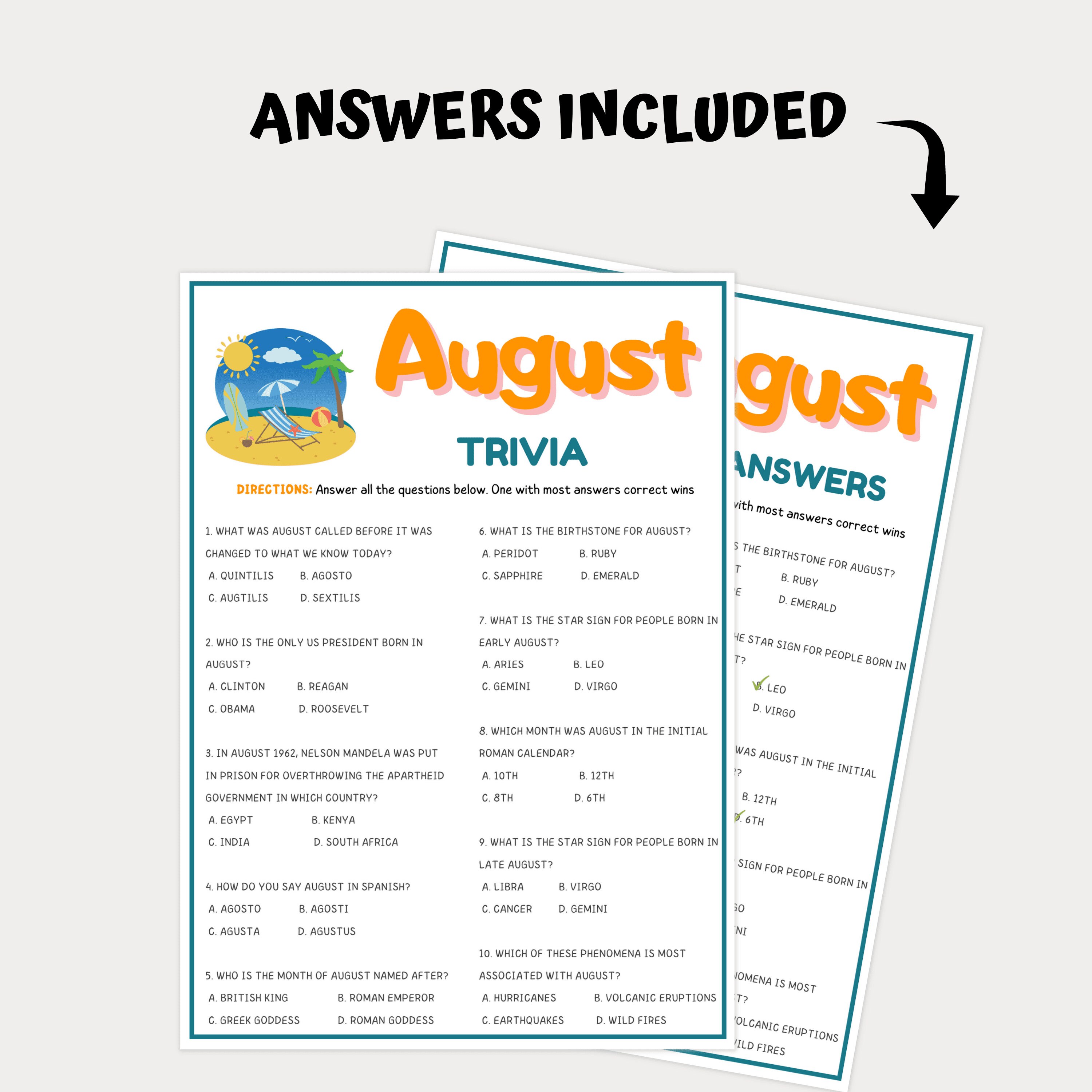 August Trivia, August Games, August Trivia for Kids & Adults, August ...