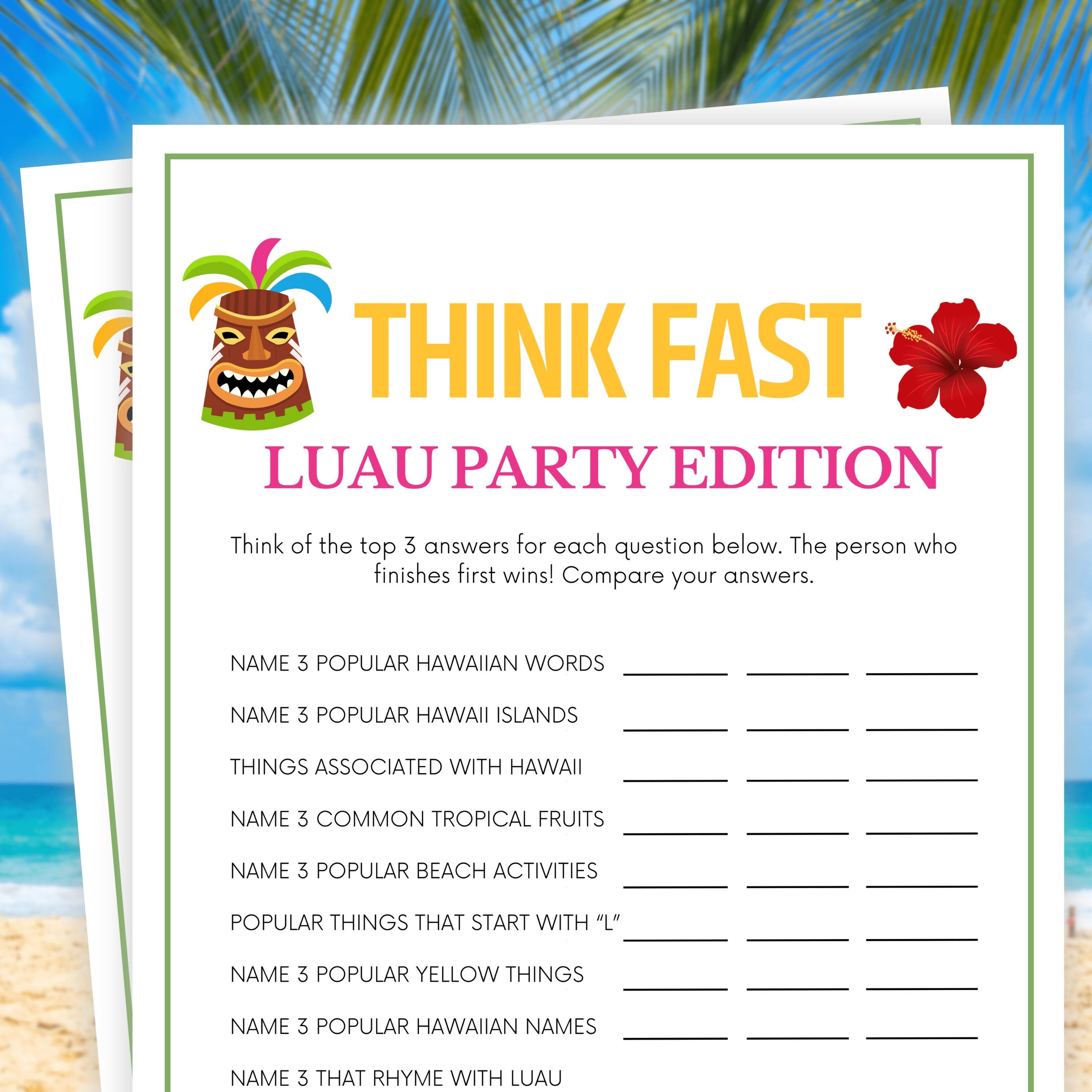 Luau Games, Think Fast, Luau Trivia, Luau Party Games, Aloha Party ...
