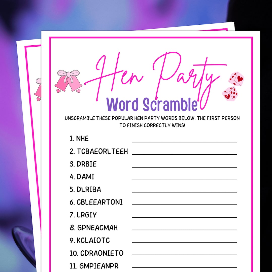 Hen Party Games, Hen Party Word Scramble, Hen Do Games, Bachelorette ...