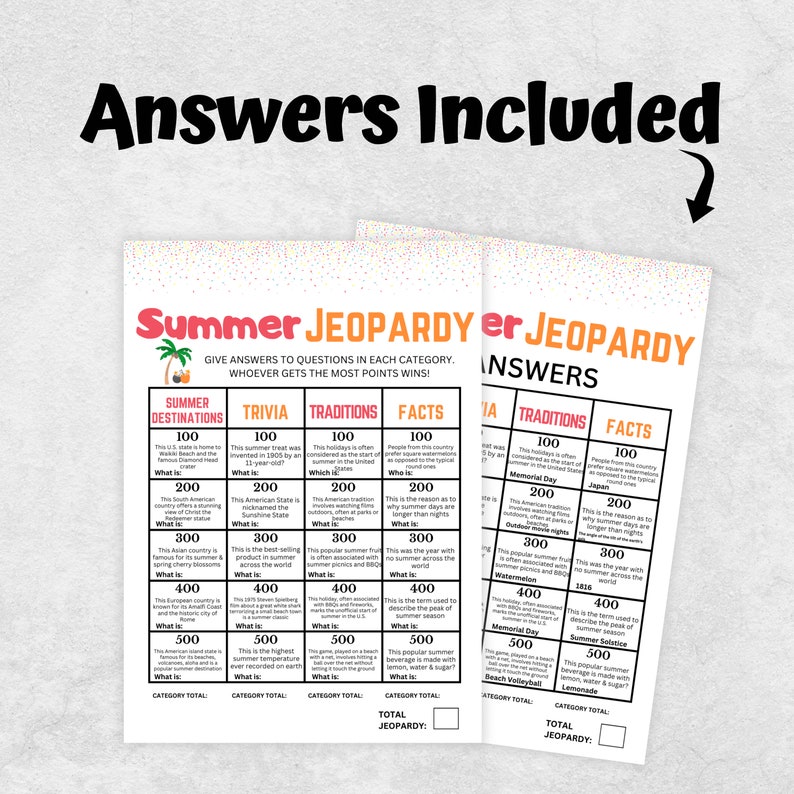 Summer Trivia, Summer Jeopardy, Summer Party Games for Kids, Summer ...