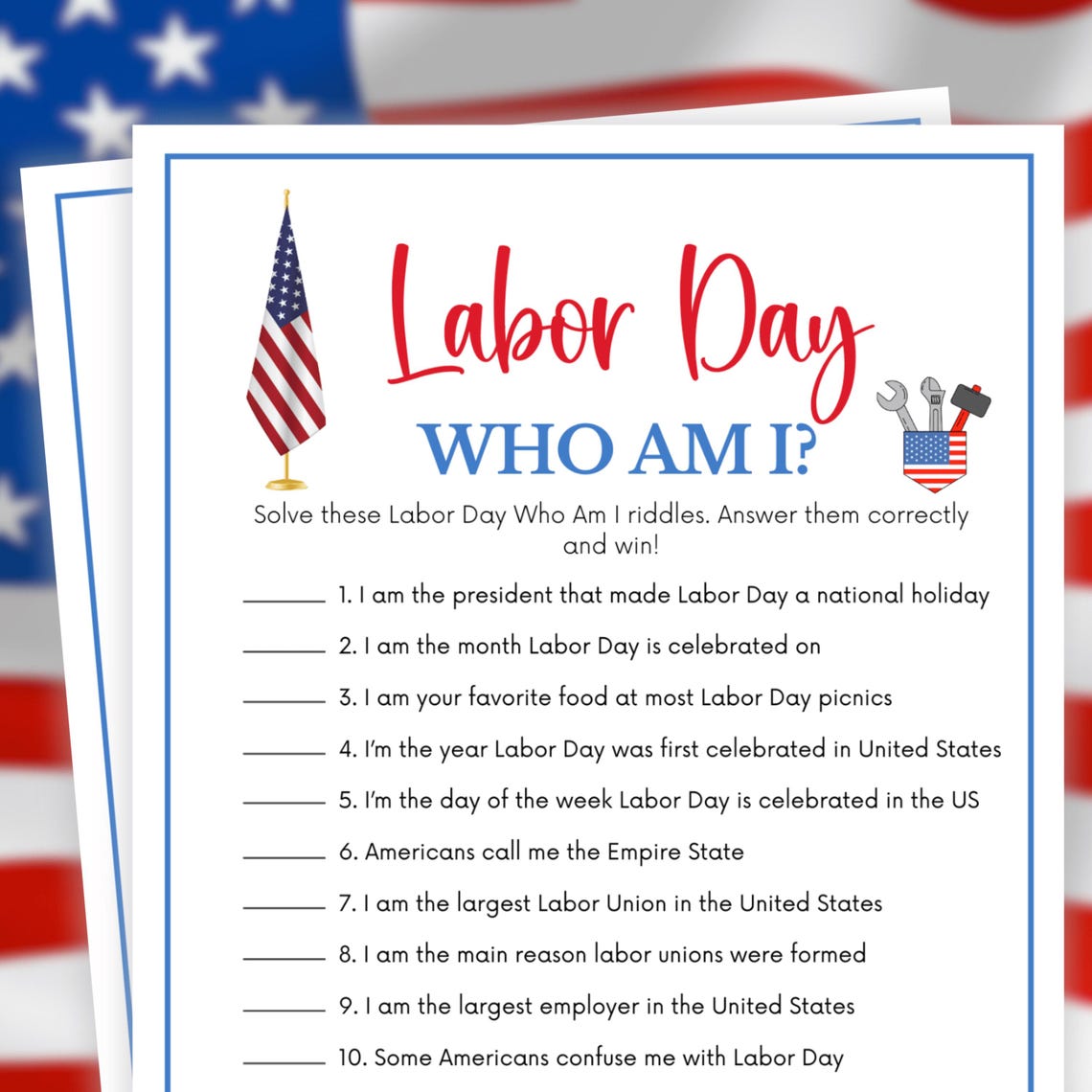Labor Day Games, Labor Day Riddles, Who Am I, Labor Day Party Games ...