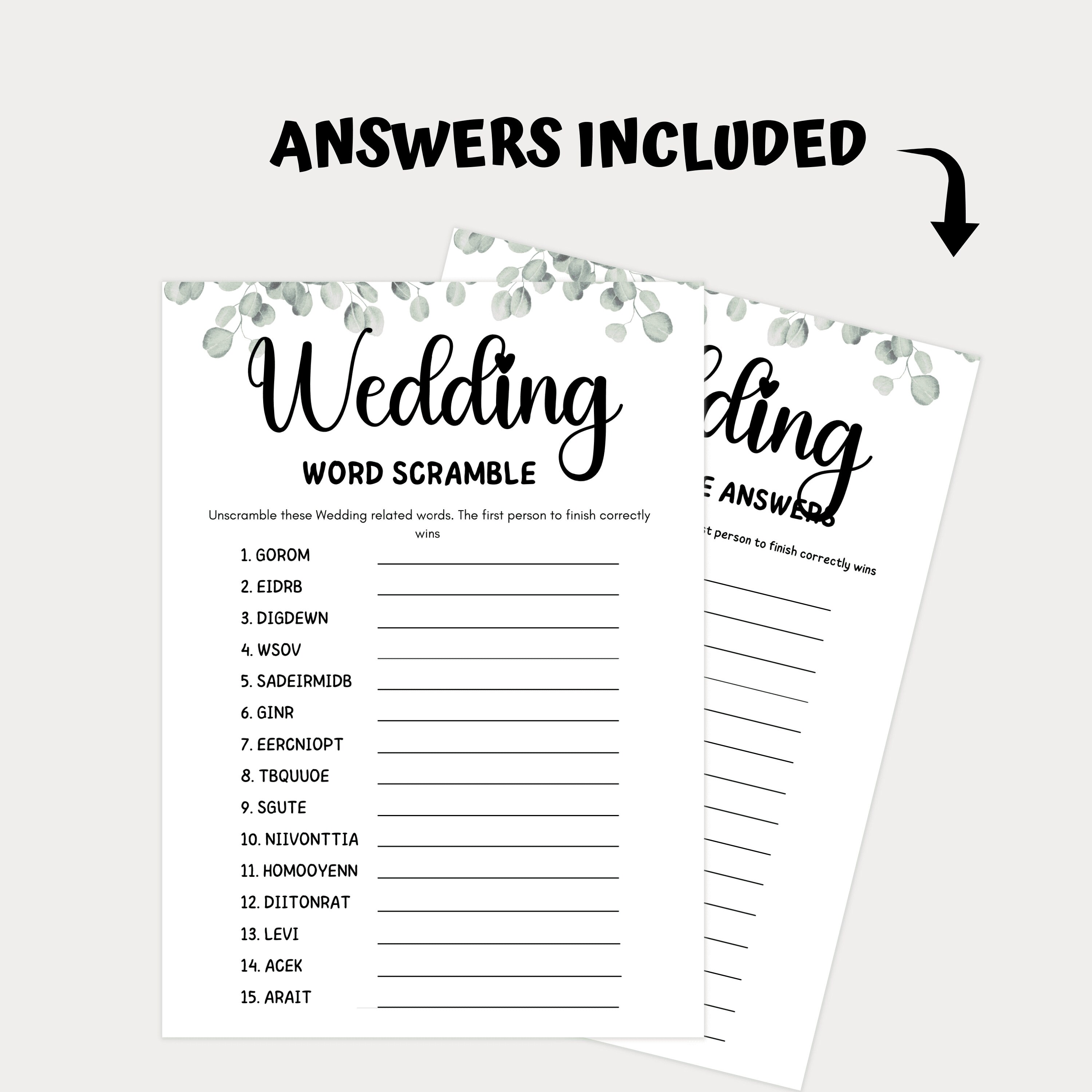 Greenery Wedding Word Scramble Wedding Games Printable - Etsy