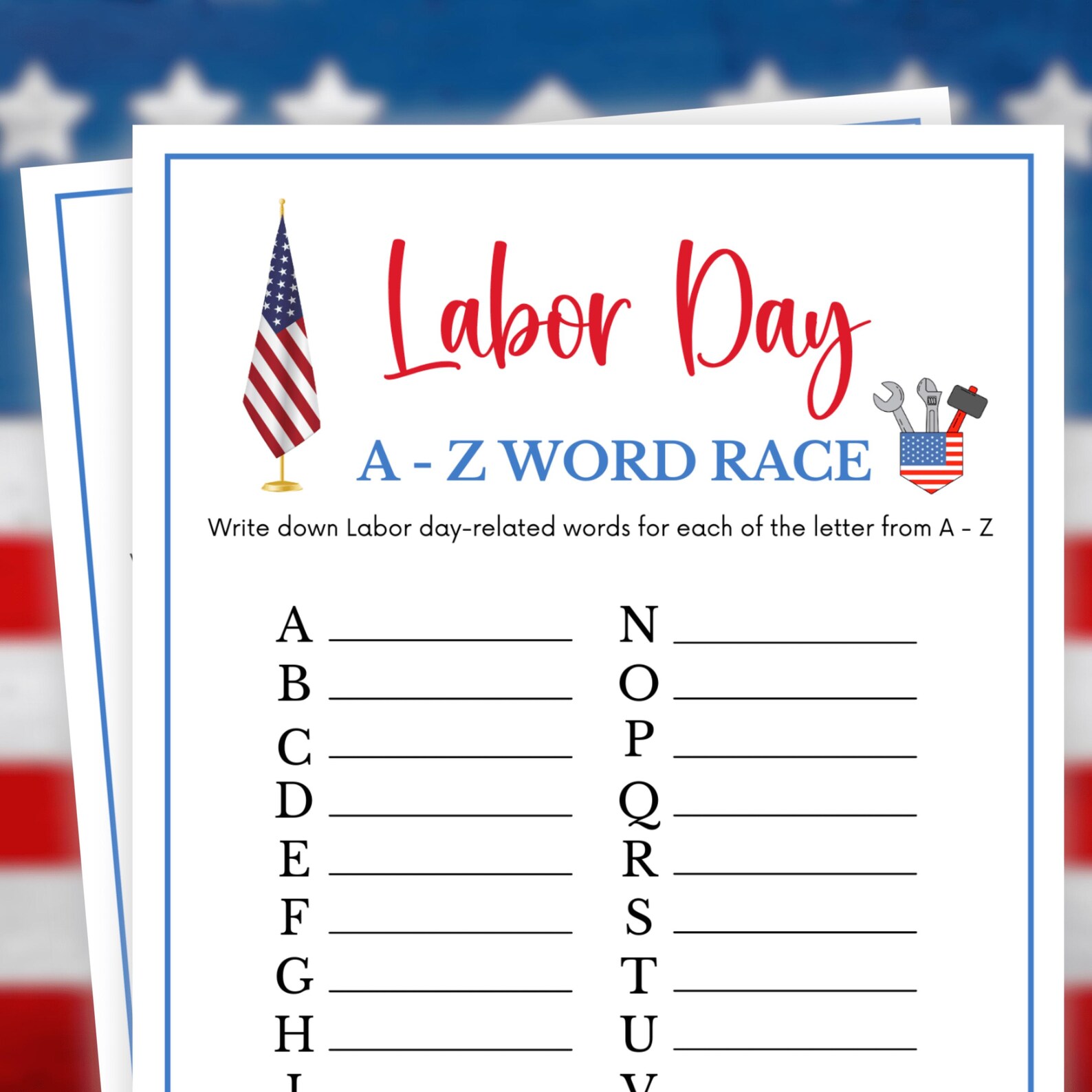 Labor Day Games, A to Z Word Race, Labor Day Party Games, Printable ...