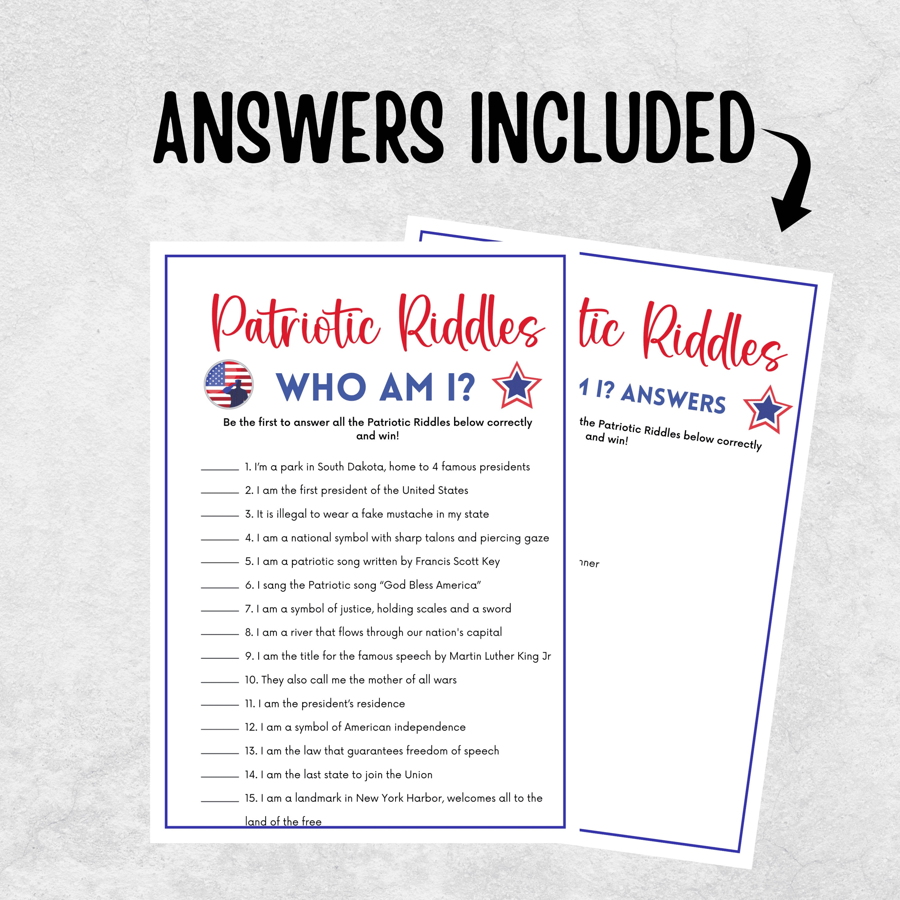 Patriotic Riddles, Who Am I, Patriotic Games for Kids, Adults ...