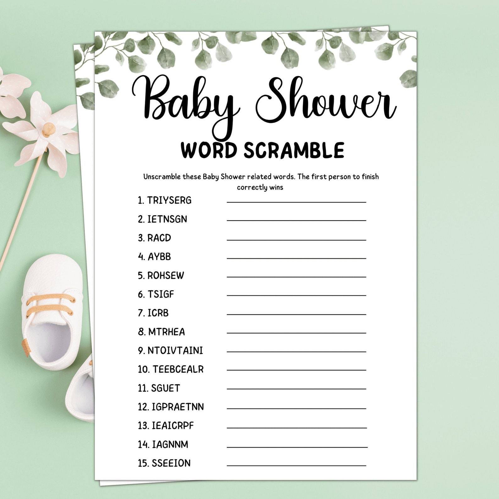 Baby Shower Games, Word Scramble, Baby Shower Party Games, Greenery ...