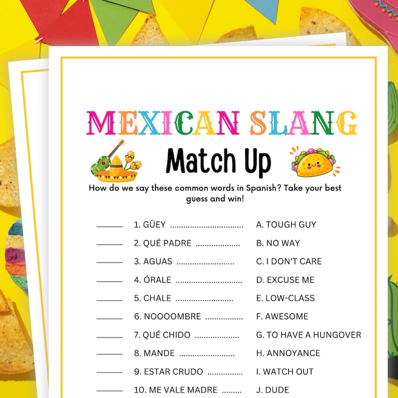 Mexican Slang, Trivia Match Up, Taco Games, Taco Tuesday Games, Fiesta ...