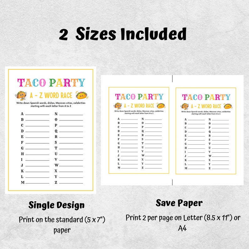 Taco Party Games, A to Z Word Race, Taco Themed Party Games for Kids ...