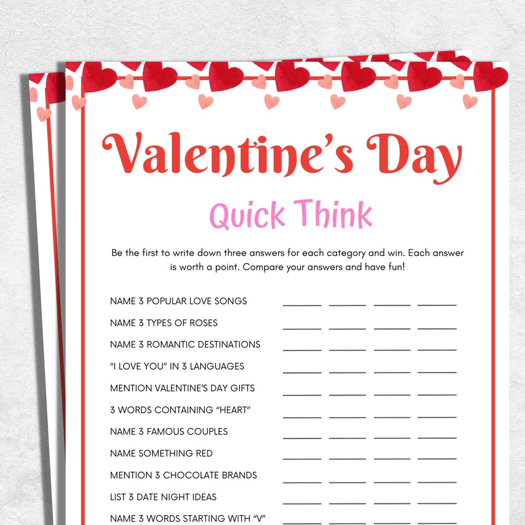 Valentines Day Games, Valentines Day Quick Think, Think Fast ...