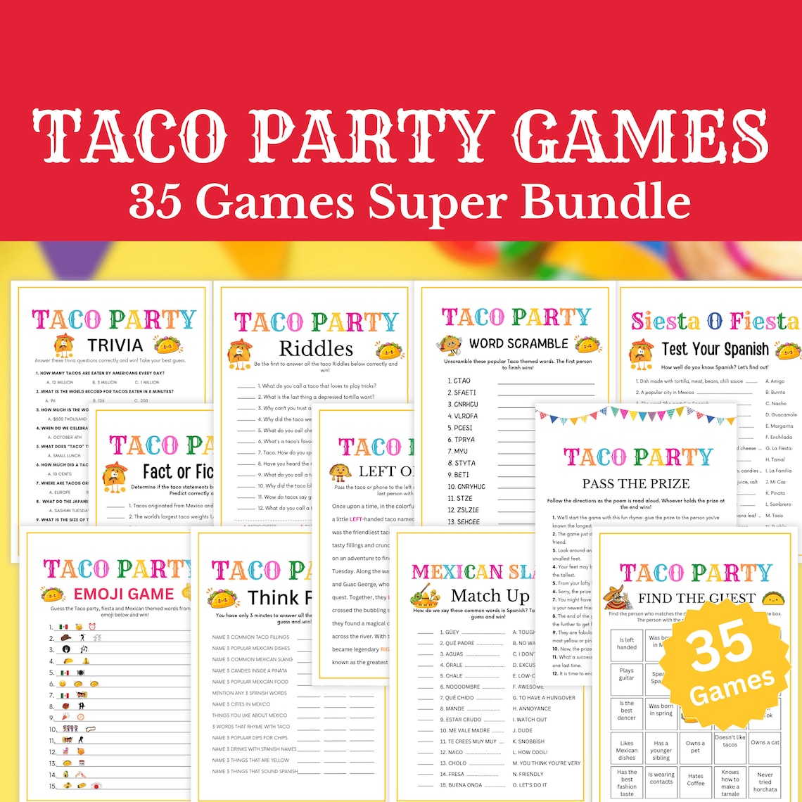 Taco Party Games, 35 Game SUPER Bundle, Taco Tuesday Games, Taco Party ...
