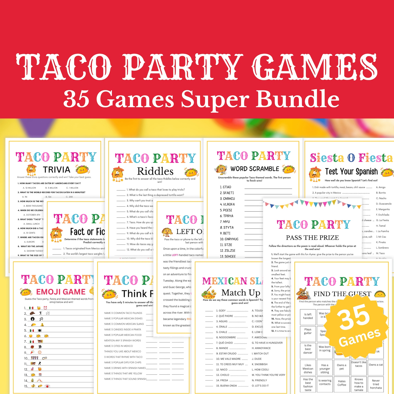 Taco Party Games, 35 Game SUPER Bundle, Taco Tuesday Games, Taco Party ...