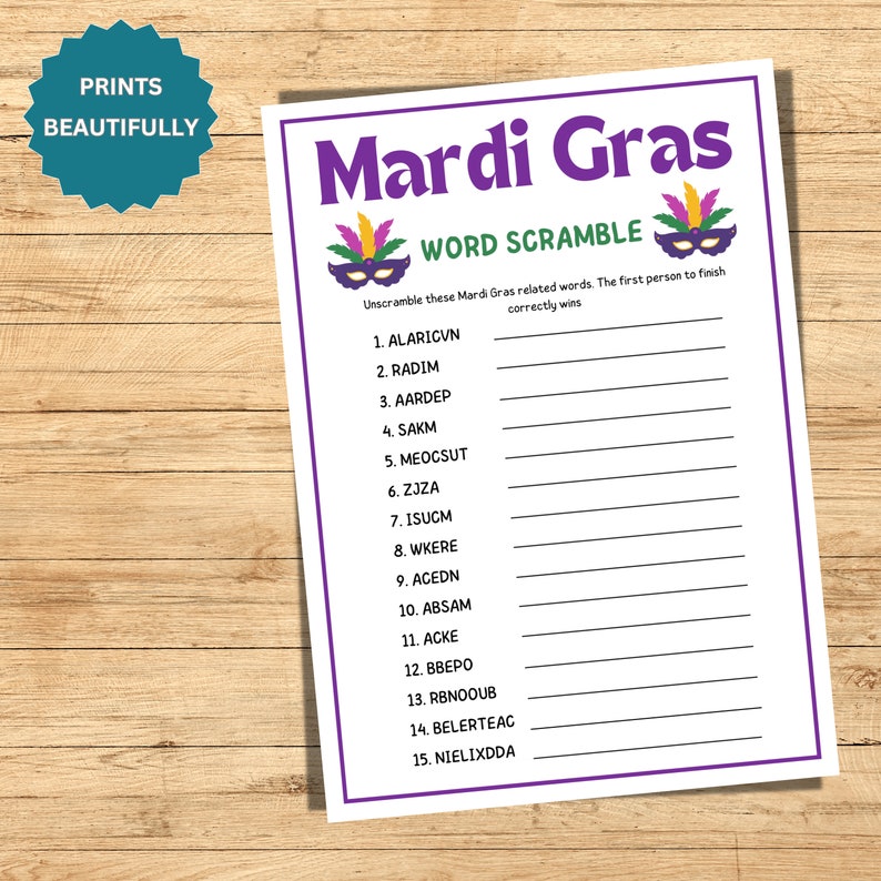 Mardi Gras Word Scramble Mardi Gras Games Printable Mardi Gras Party ...