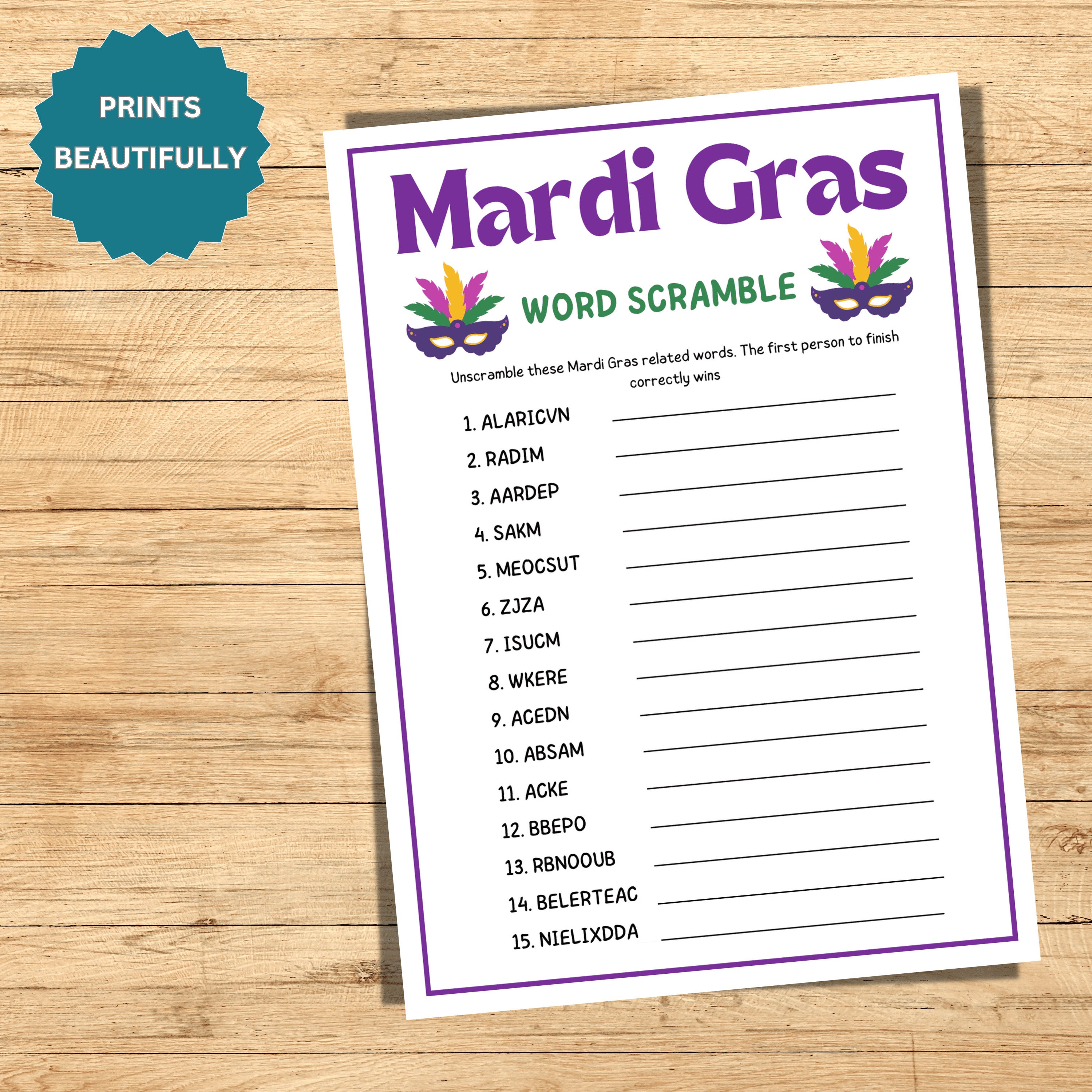Mardi Gras Word Scramble Mardi Gras Games Printable Mardi Gras Party ...