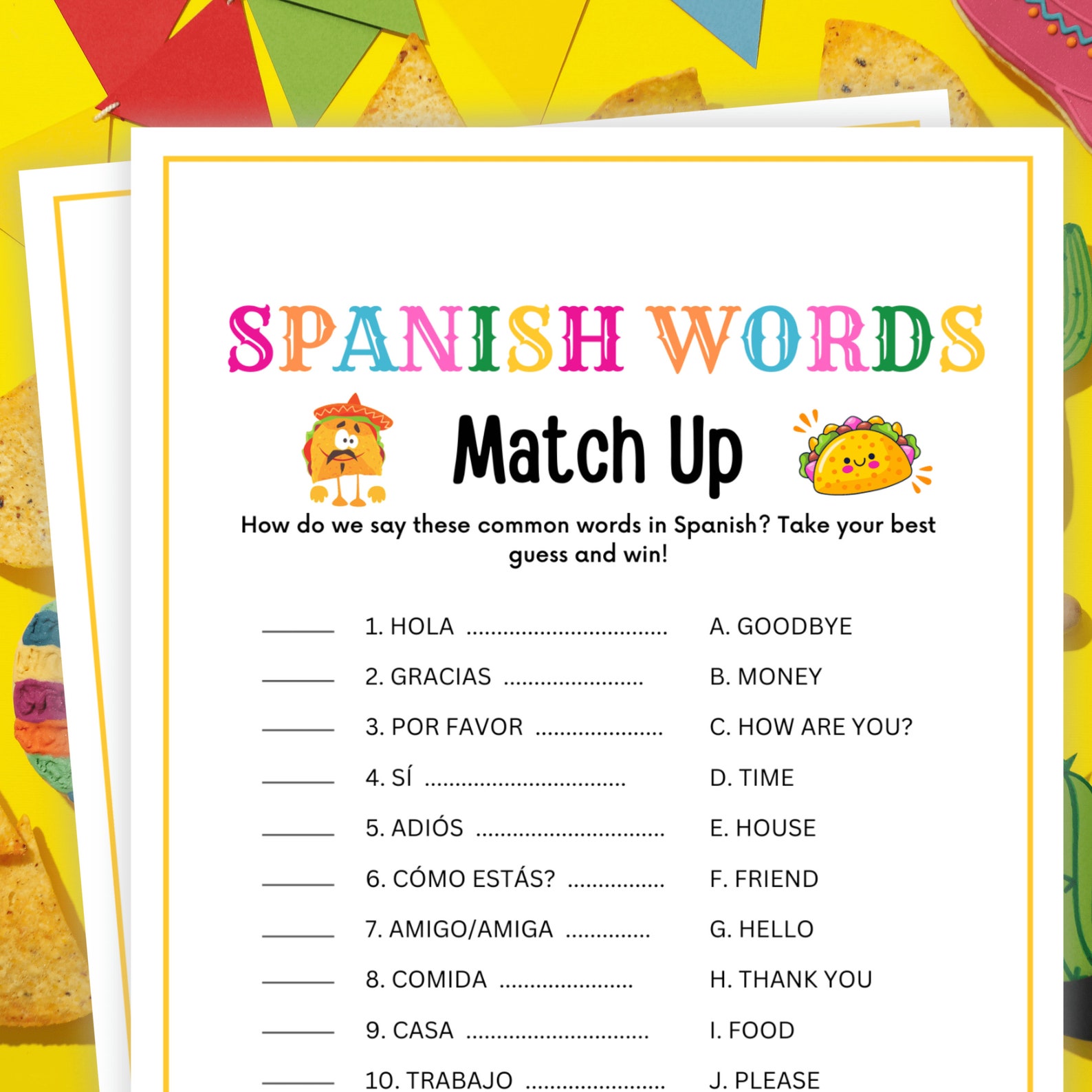 Spanish Words Trivia, Test Your Spanish, Taco Tuesday Games, Taco Party ...