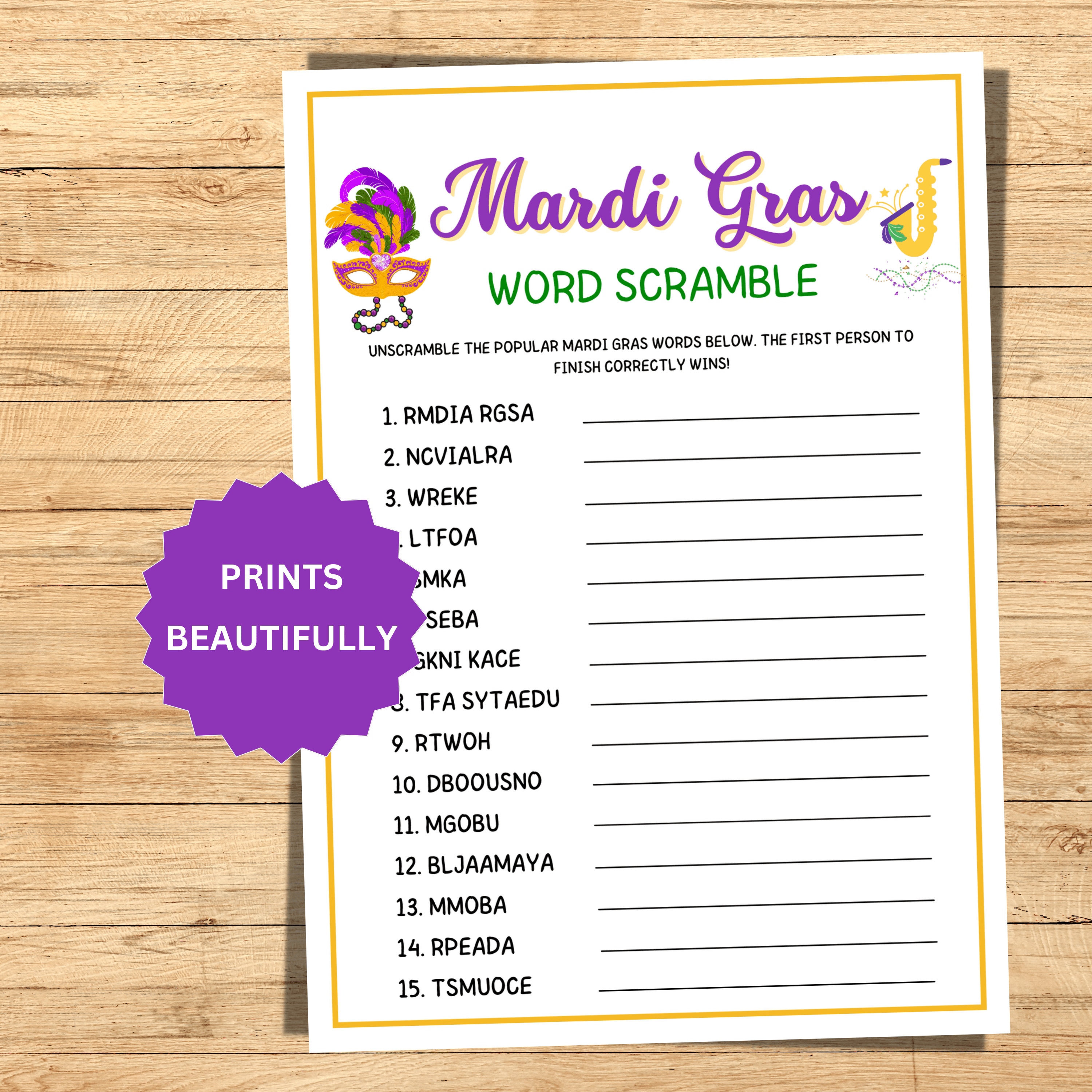 Mardi Gras Games, Mardi Gras Word Scramble, Mardi Gras Party Games, Fat ...