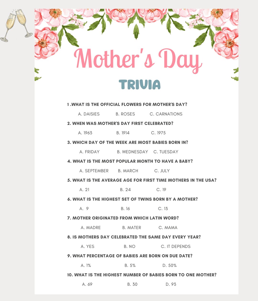 Mothers Day Games Mother's Day Trivia Games for Mom - Etsy