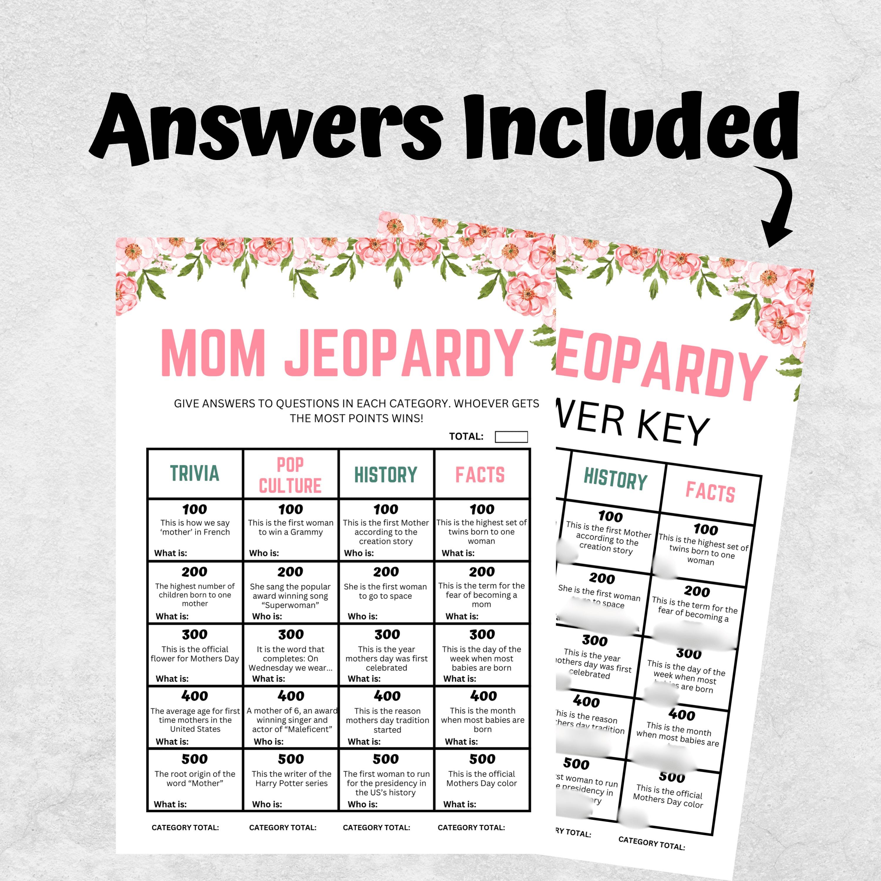 Mom Jeopardy, Mothers Day Trivia, Jeopardy, Mothers Day Party Games for ...