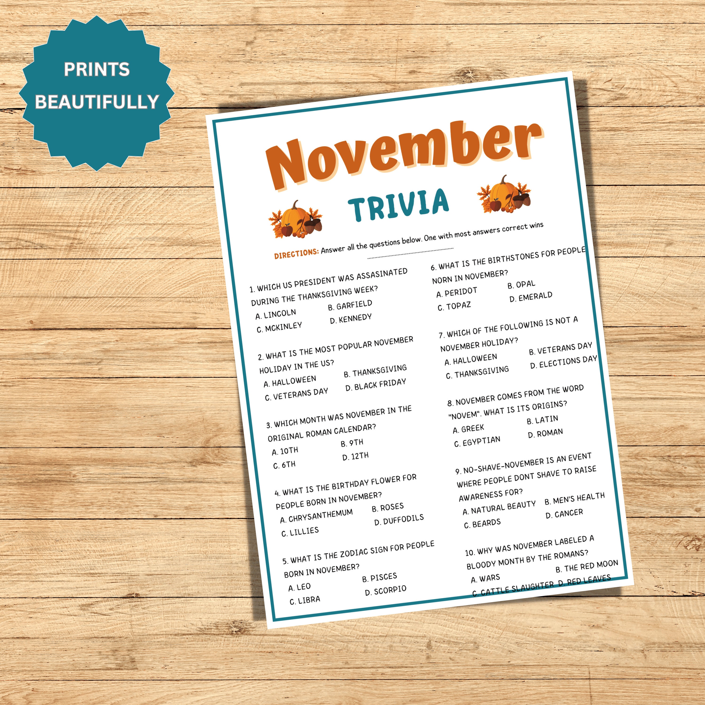 November Trivia, November Games, Fall Games, November Birthday Party ...